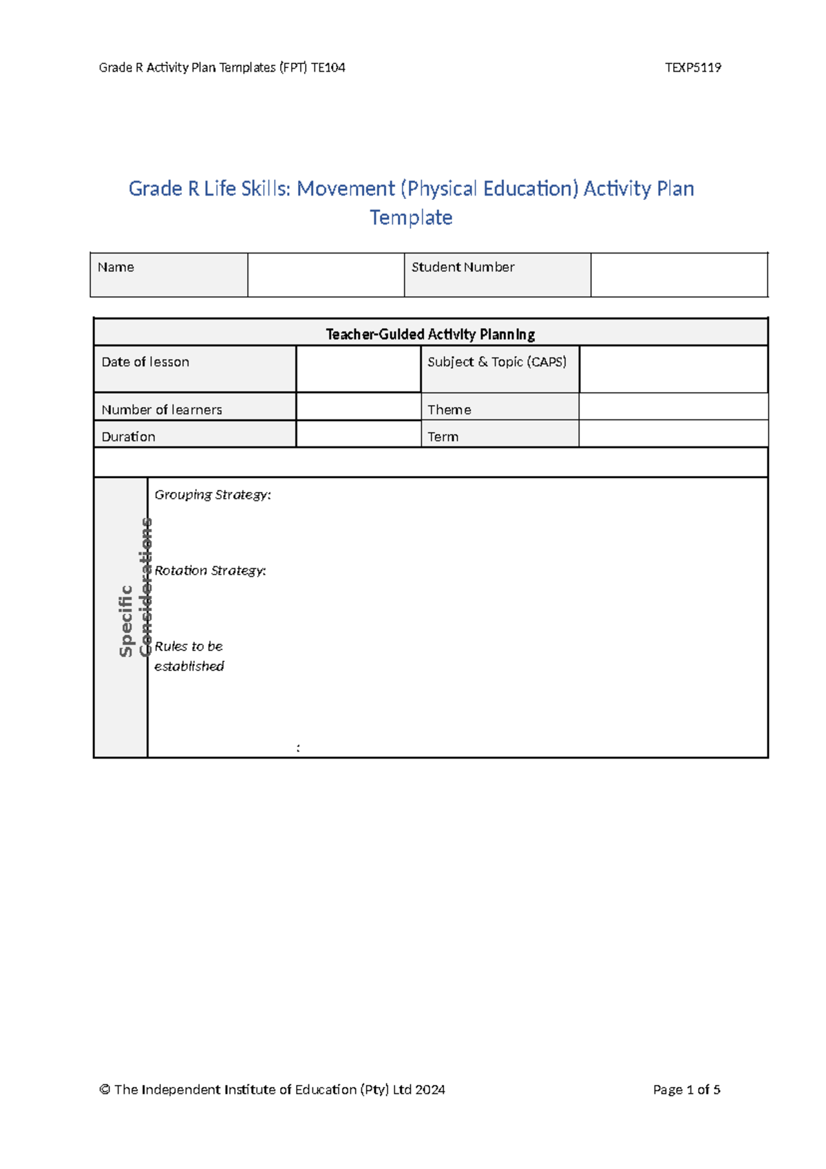 TEXP5119 TE104 Grade R Activity Plan Templates - Grade R Life Skills ...