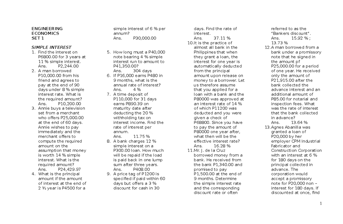 Engineering Economics Problem Sets CE Review 2014 - Studocu