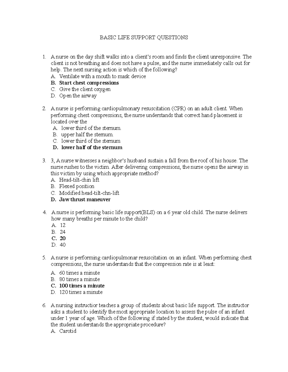 149430295 Basic Life Support (BLS) Practice Questions for Nurses - Studocu