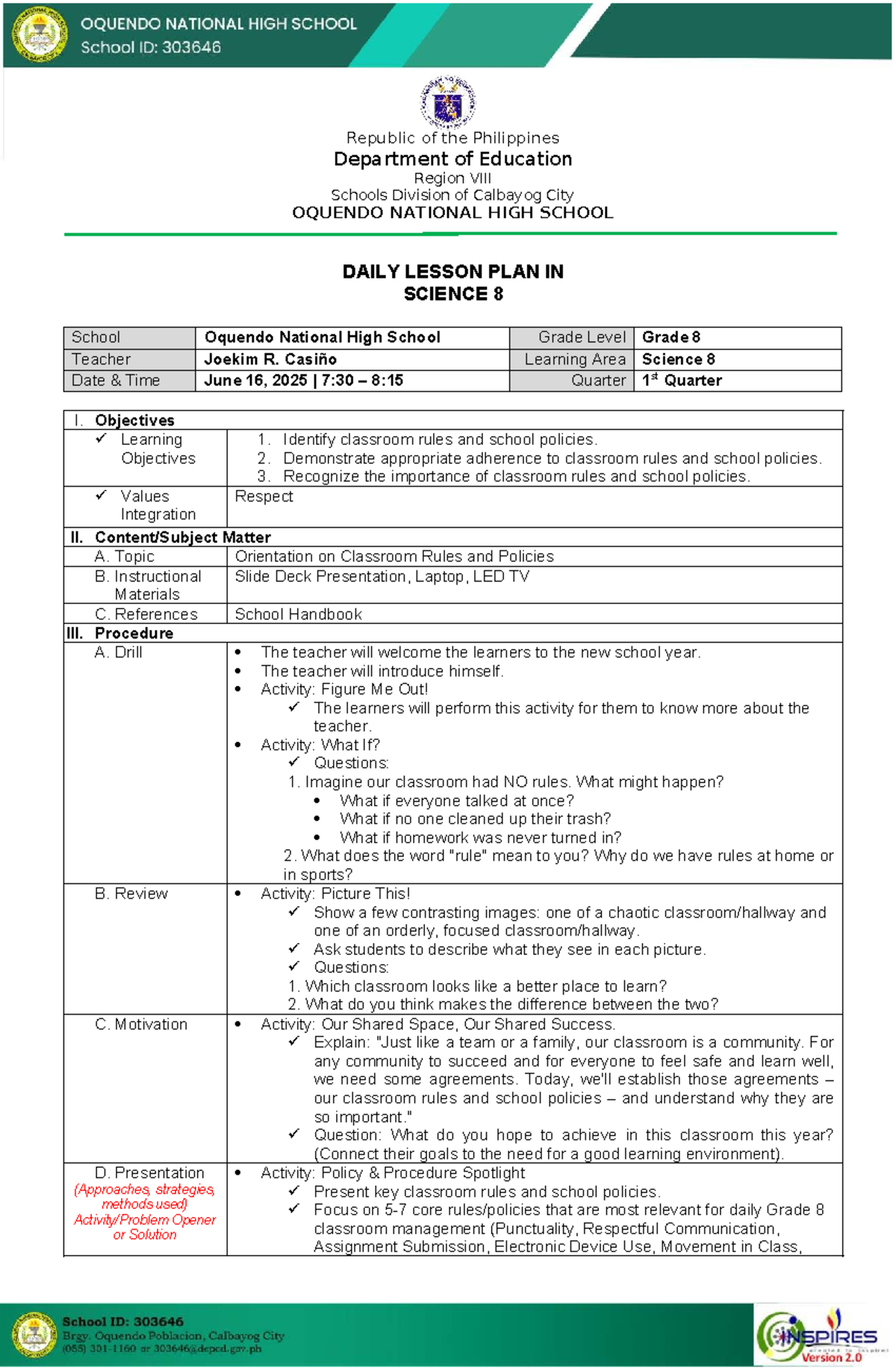 S8 Daily Lesson Plan: Classroom Rules & Policies - June 16, 2025 - Studocu