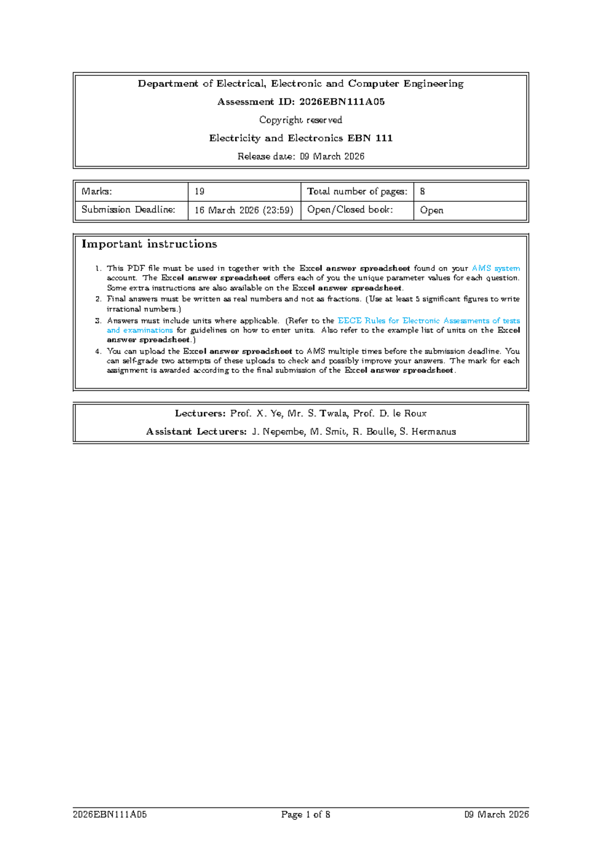 2026EBN111A05 - Final Exam: Electricity & Electronics Assessment - Studocu