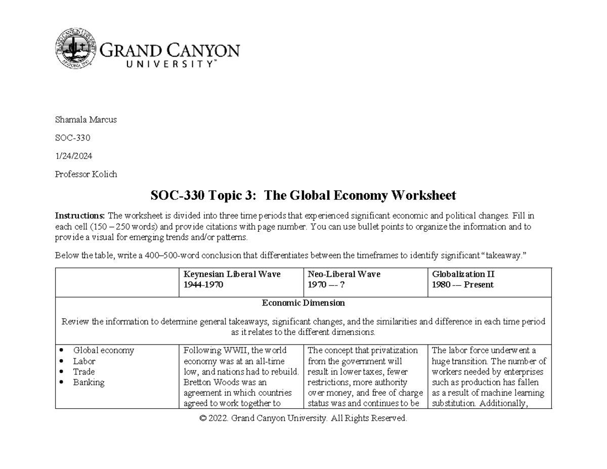 SOC-330 Global Economy: Topic 3 Worksheet & Analysis - Studocu