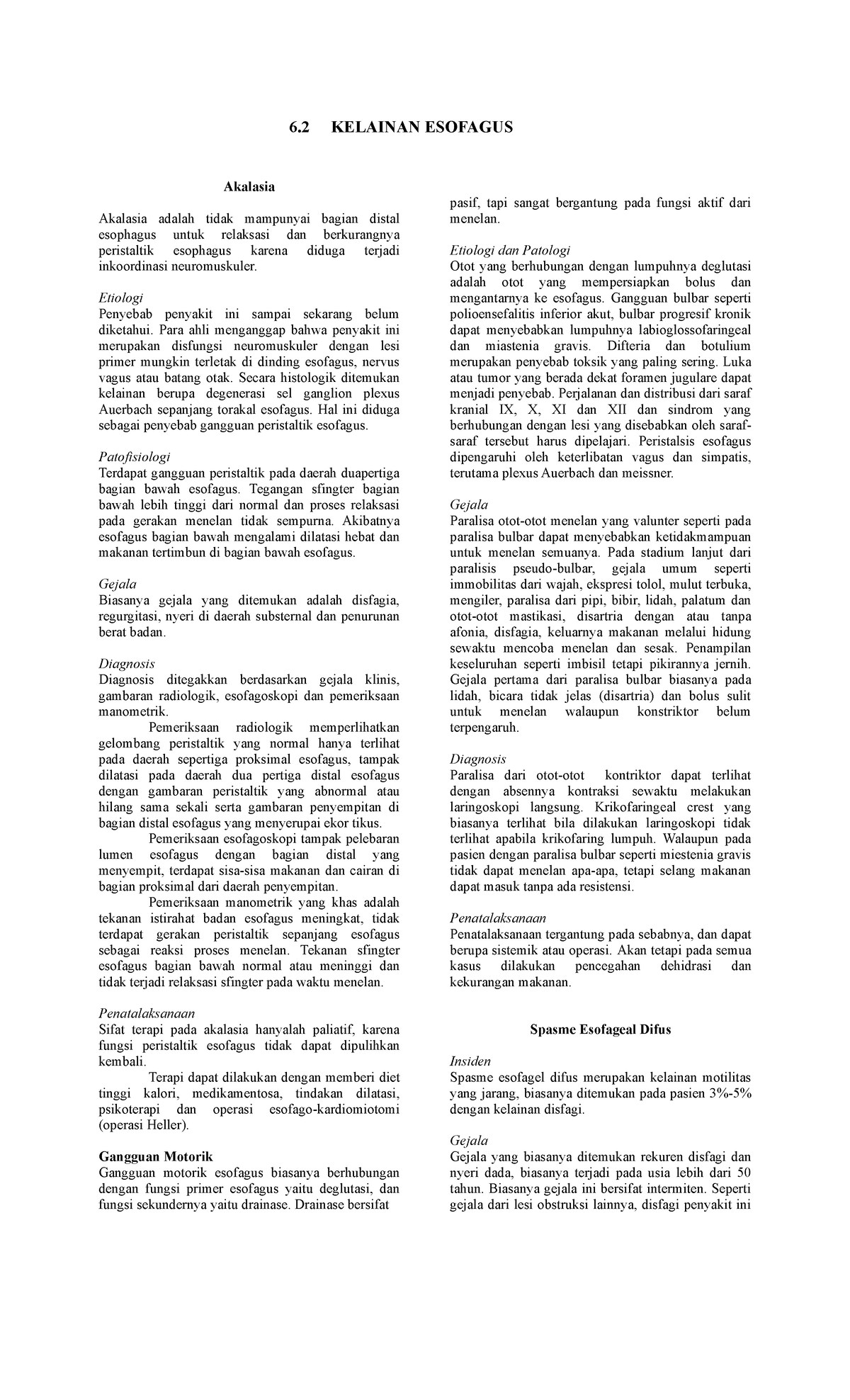 Review Kelainan Esofagus: Akalasia, GERD, dan Penyakit Terkait - Studocu