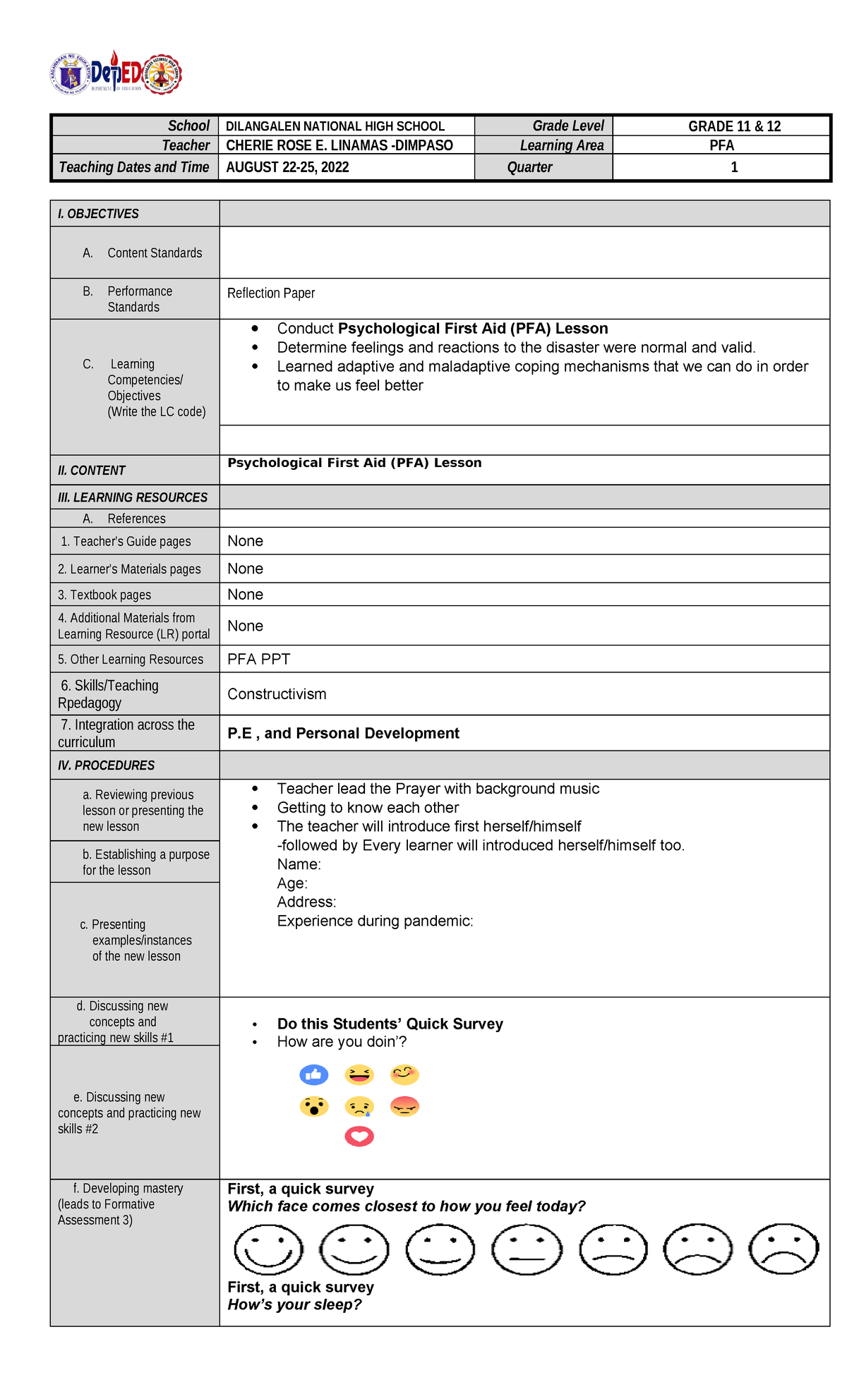 DLL-PFA - Psychological First Aid Lesson Plan for Grades 11 & 12 - Studocu