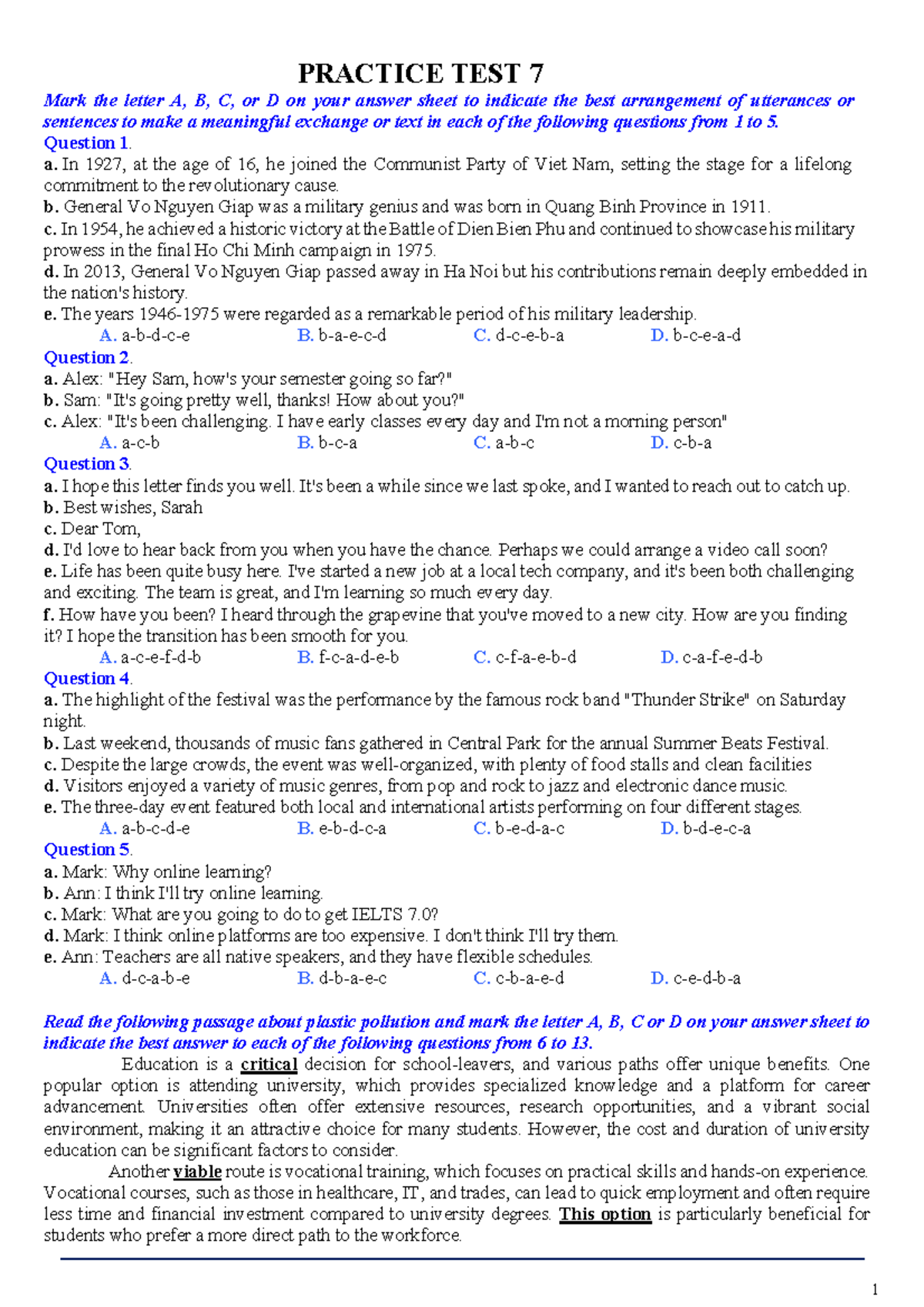 TEST 7: ĐỀ Chung LỚP 12 - Practice Questions and Answers - Studocu