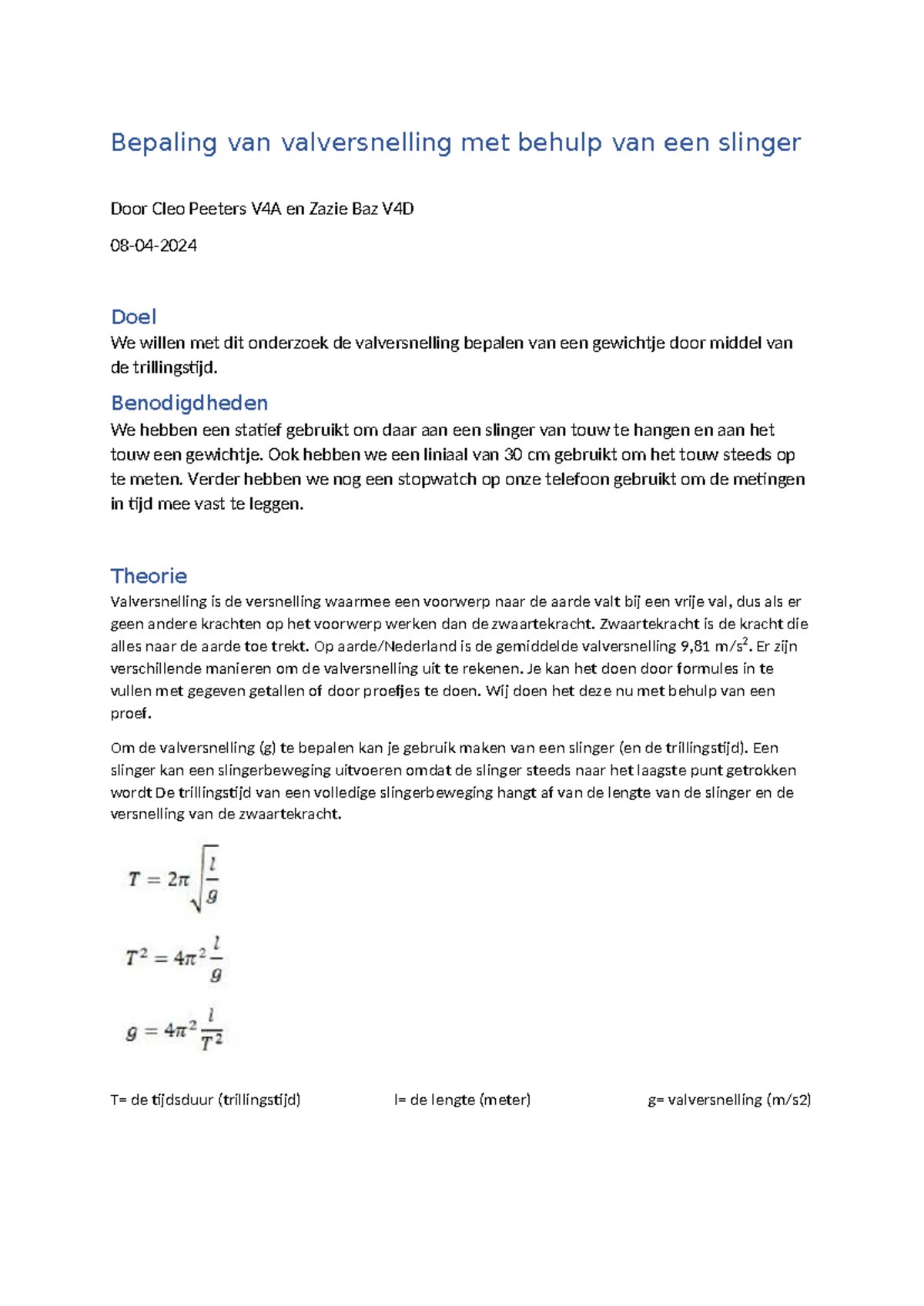 Natuurkunde PO: Bepaling van Valversnelling met Slinger - Studeersnel
