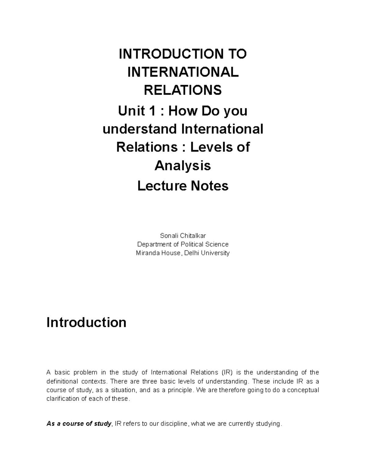 IR Lecture Notes: Understanding International Relations - Unit 1 - Studocu