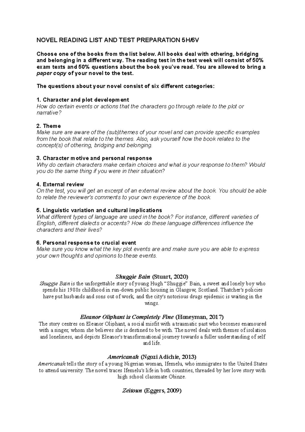 Novel Reading List & Test Prep Guide 5H/6V: Key Themes & Tips - Studeersnel