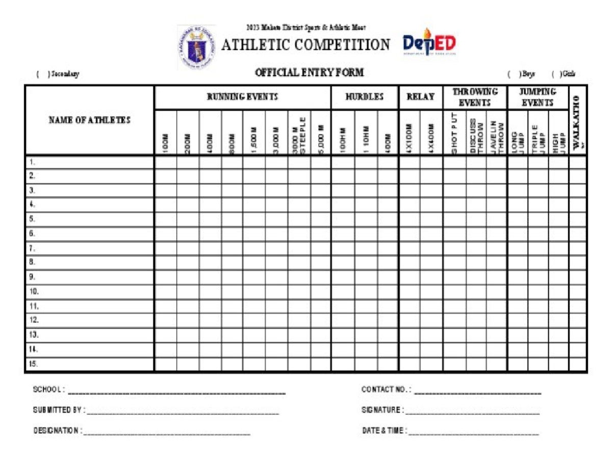 Entry Form for 2023 G ATHLETIC COMPETITION - Male Athletes - Studocu