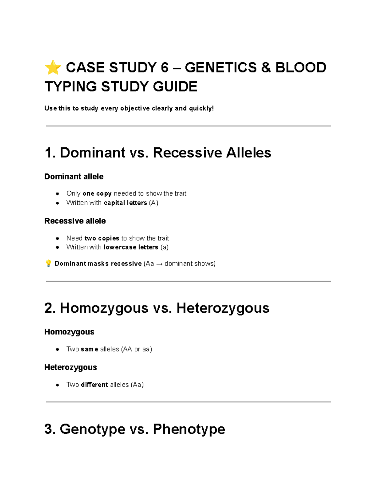 ⭐ CASE STUDY 6 – Genetics & Blood Typing Study Guide - Studocu