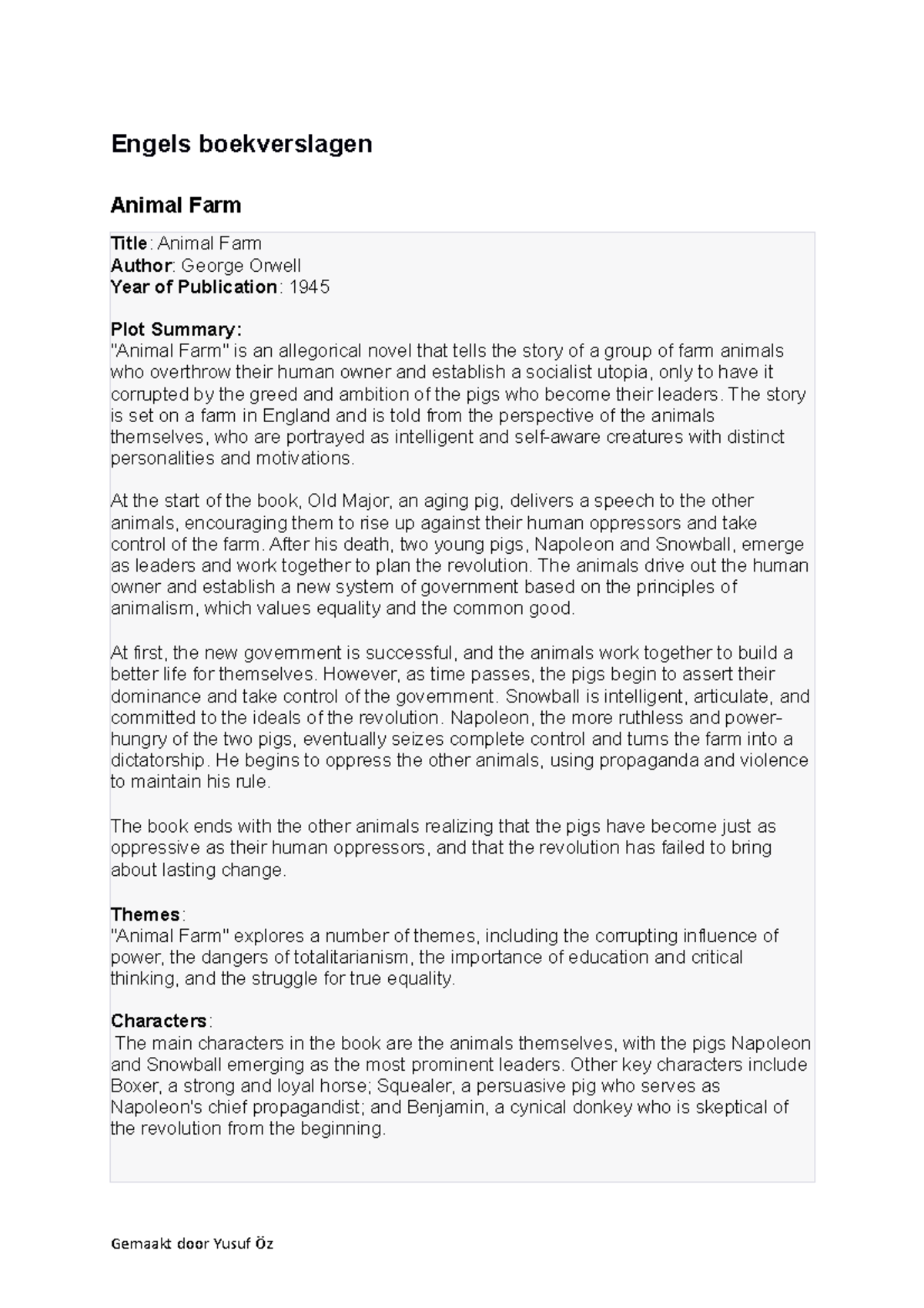 Engels mondeling verslag 2: Boekverslagen van Animal Farm & Meer ...