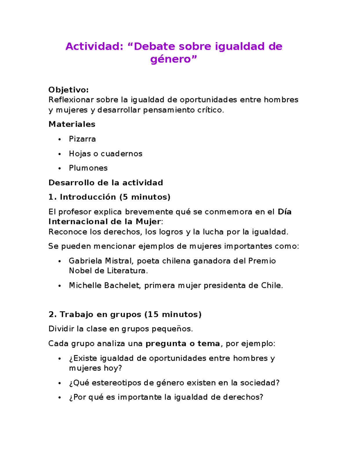 Actividad: Reflexión sobre Igualdad de Oportunidades 1° a 4° Medio ...