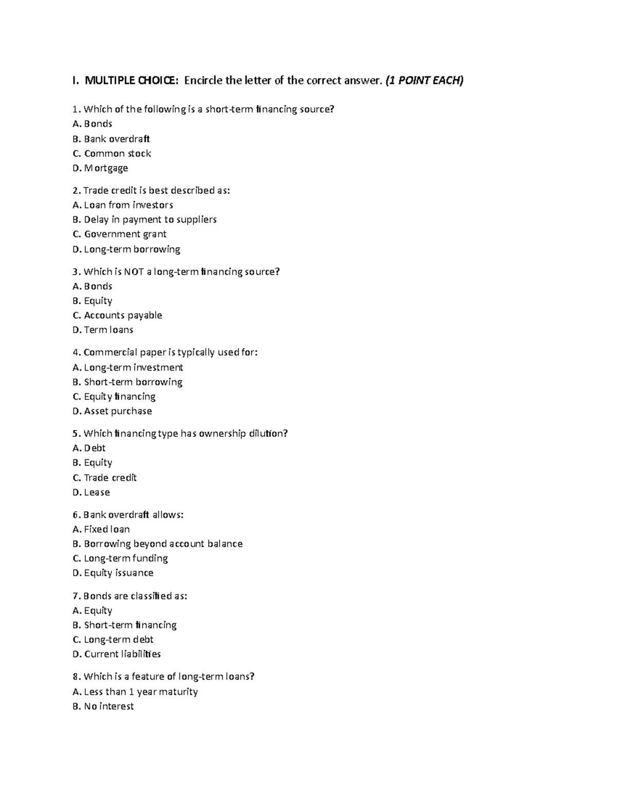FIN 101: Long Quiz Answer Key on Financing Sources and Concepts - Studocu