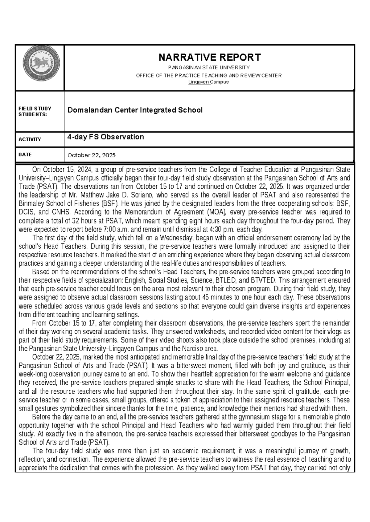 Narrative Report: 4-Day Field Study Observation at PSAT - Studocu