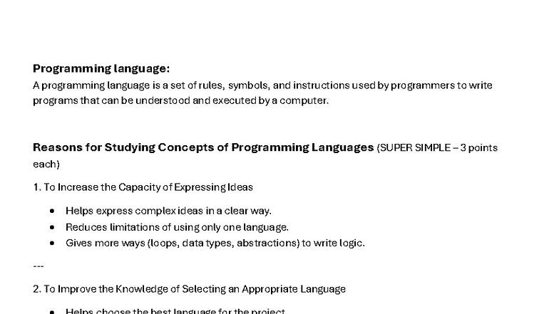 PPL Unit 1: Concepts and Domains of Programming Languages - Studocu