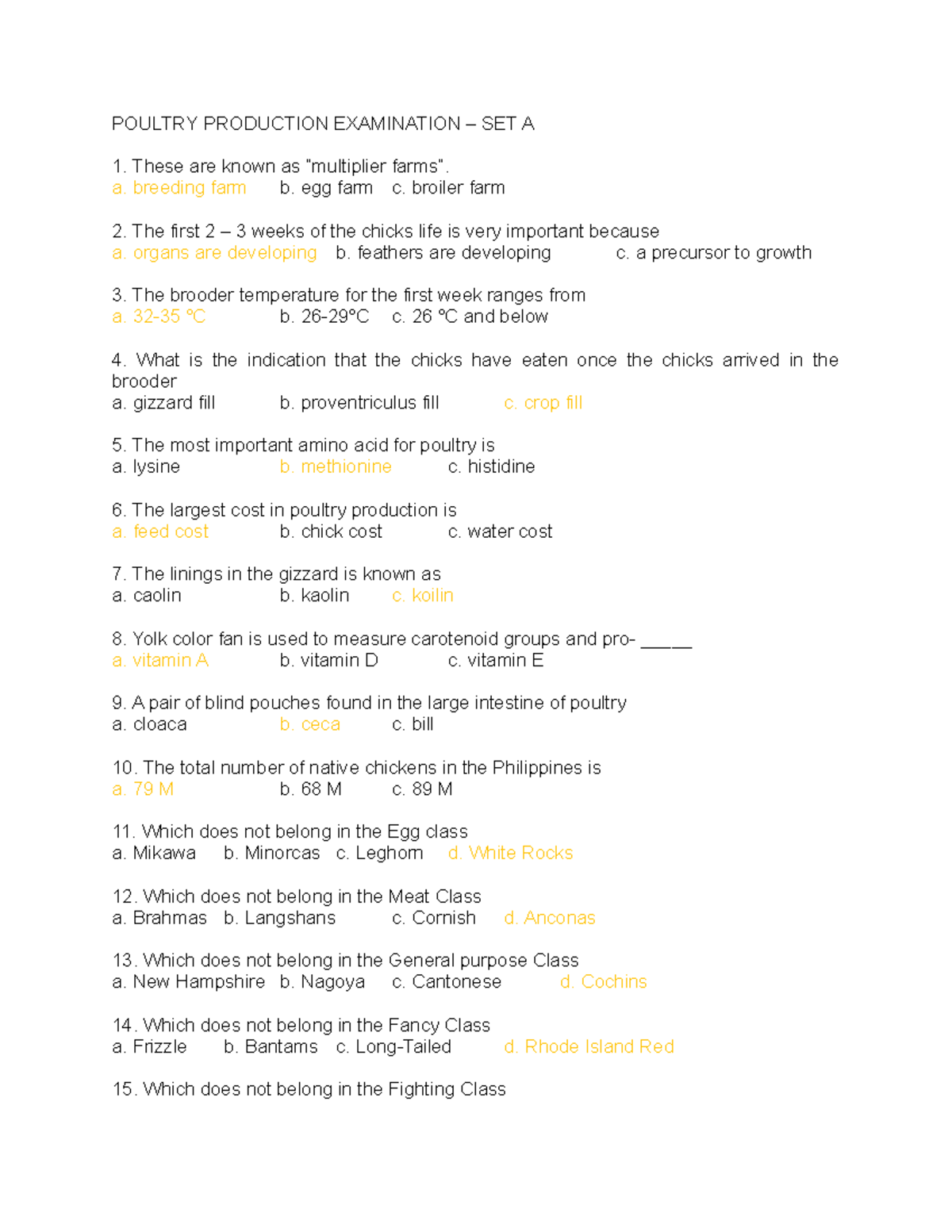 Poultry Production Examination Answer Key – Set A - Studocu