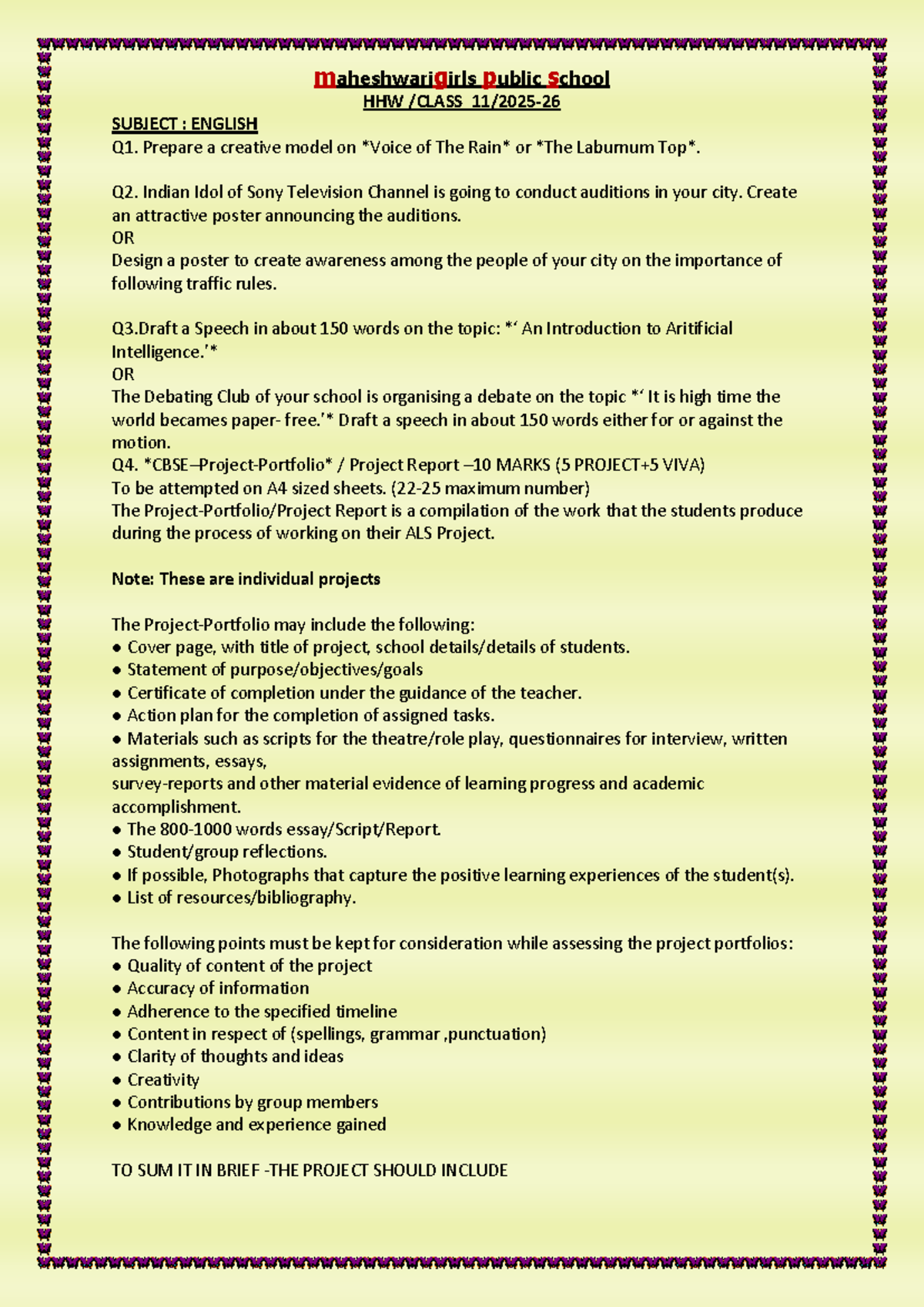 Holiday Homework for Class XI: English, Physics, Chemistry, Biology ...