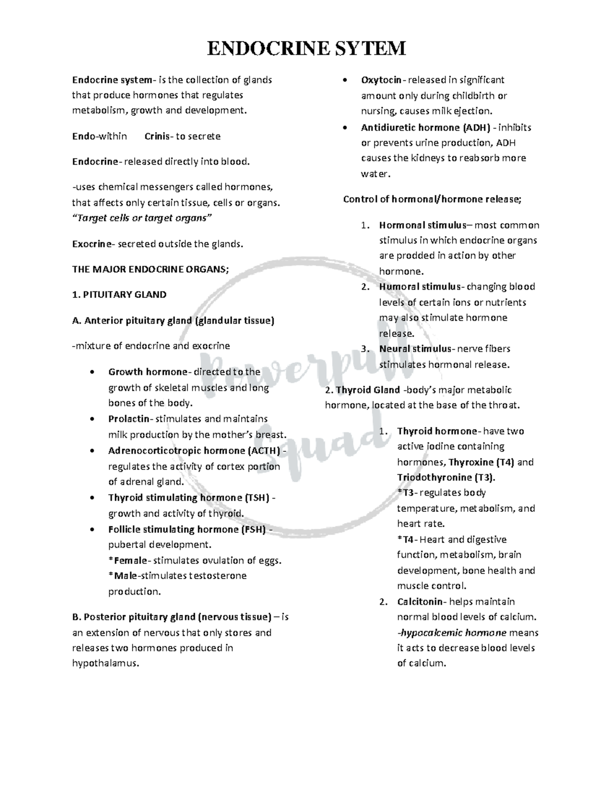 Endocrine System Review Lecture Notes (Course Code: ENDO 101) - Studocu