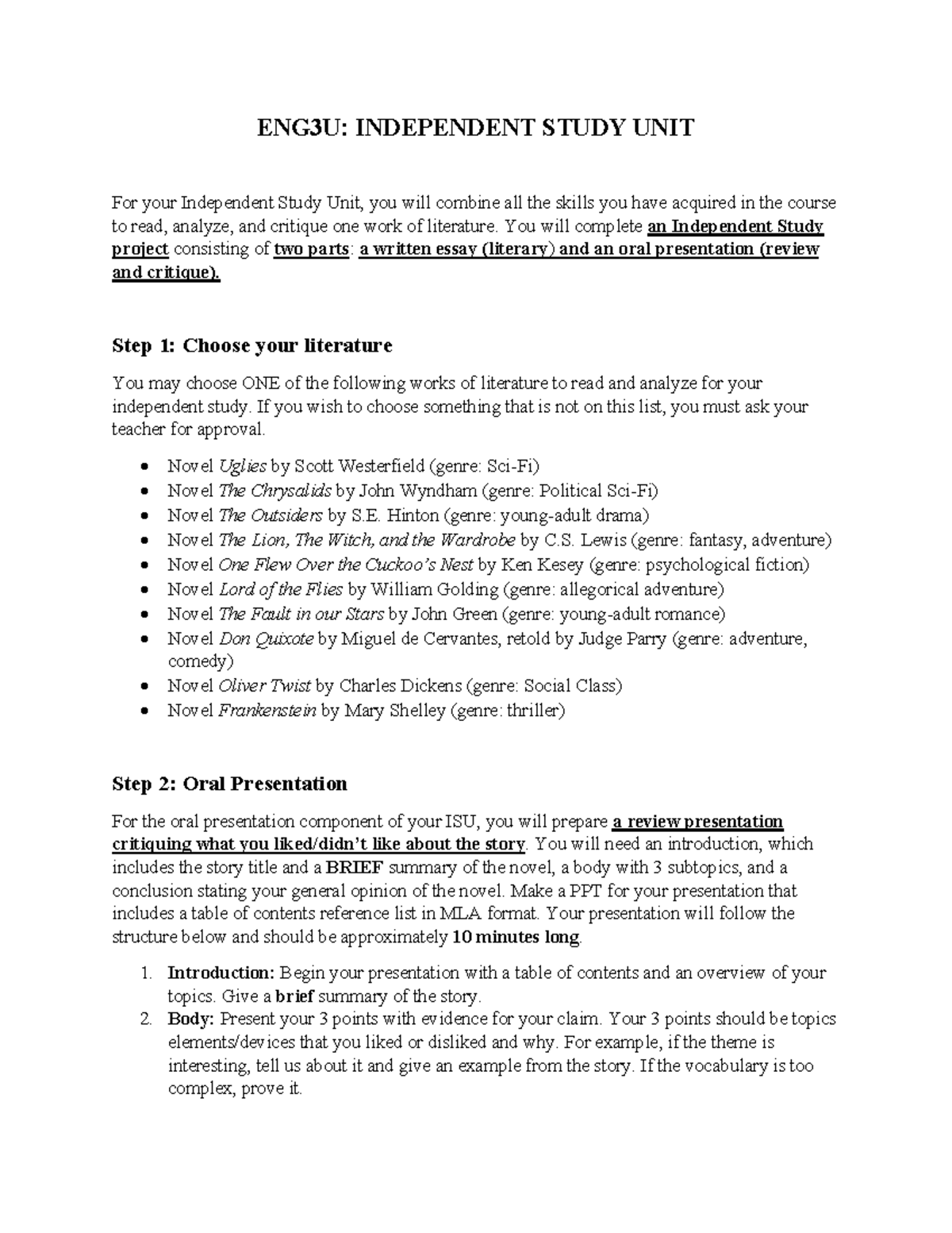 ENG3U Independent Study Unit Guide 2023-24 - Studocu
