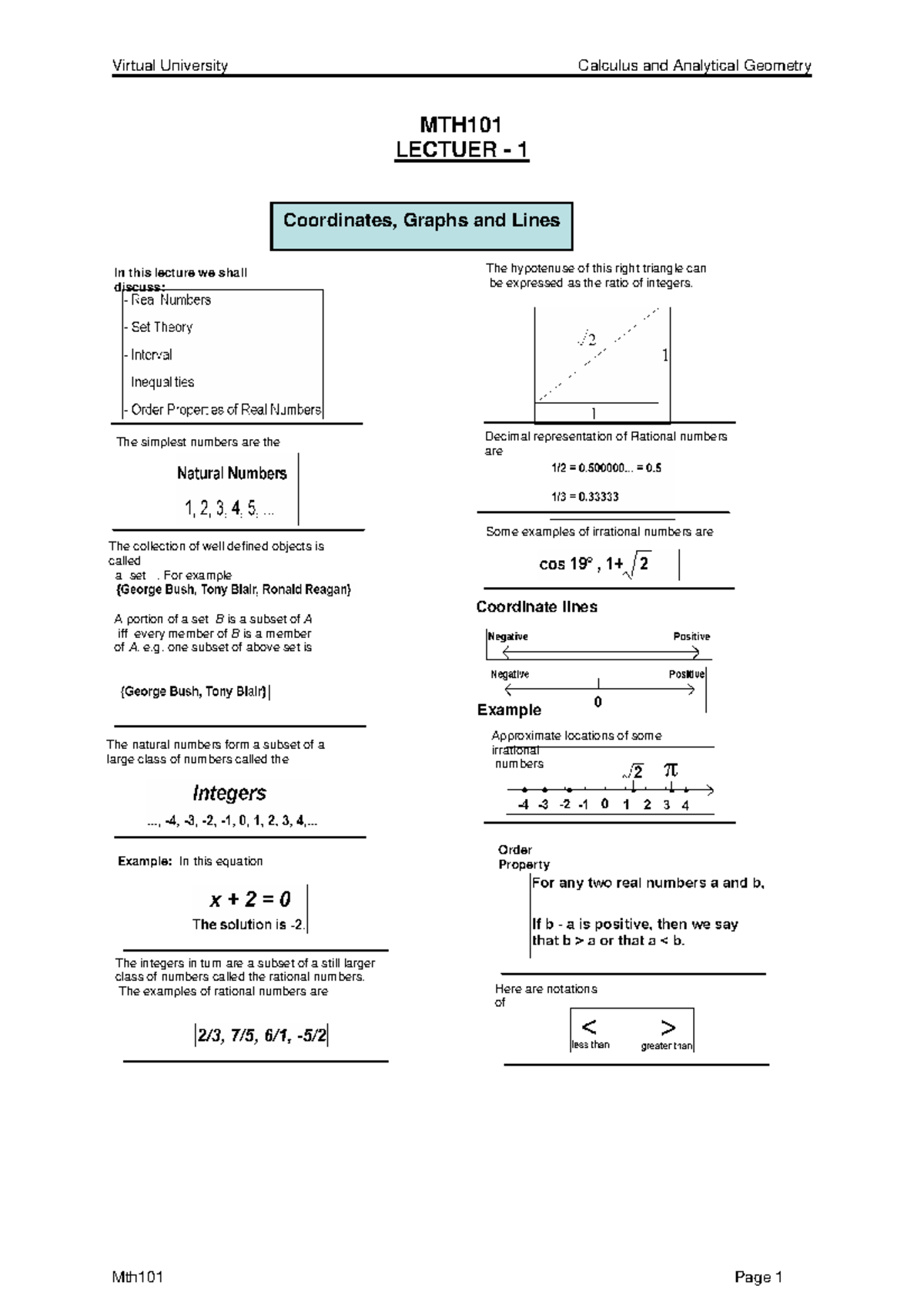 Mth101 1 Lecture Notes 1 47 Mth Lectuer 1 Coordinates Graphs And Lines In This Lecture We