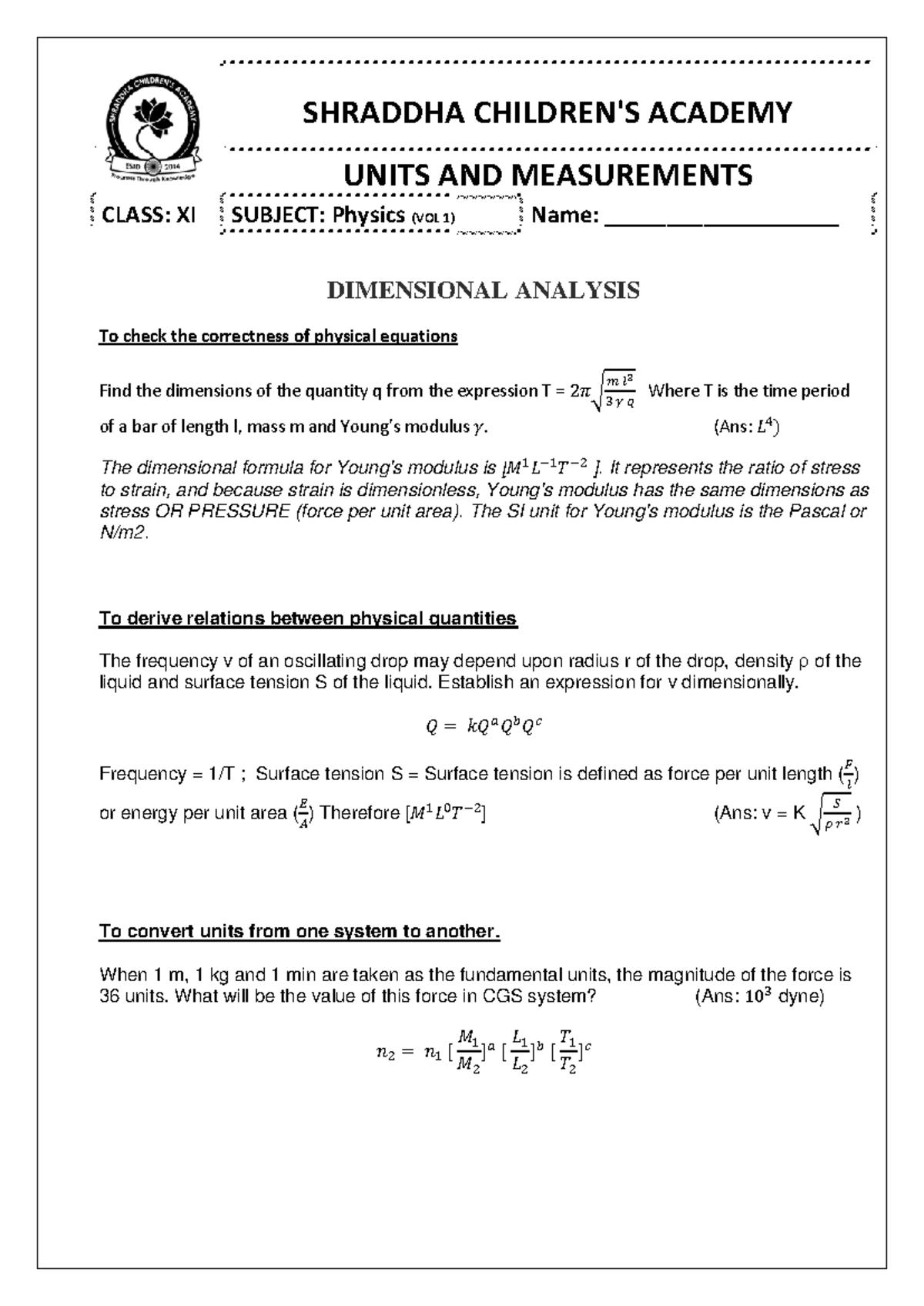 Class 11 Physics: Dimensional Analysis & Units Measurement - Studocu