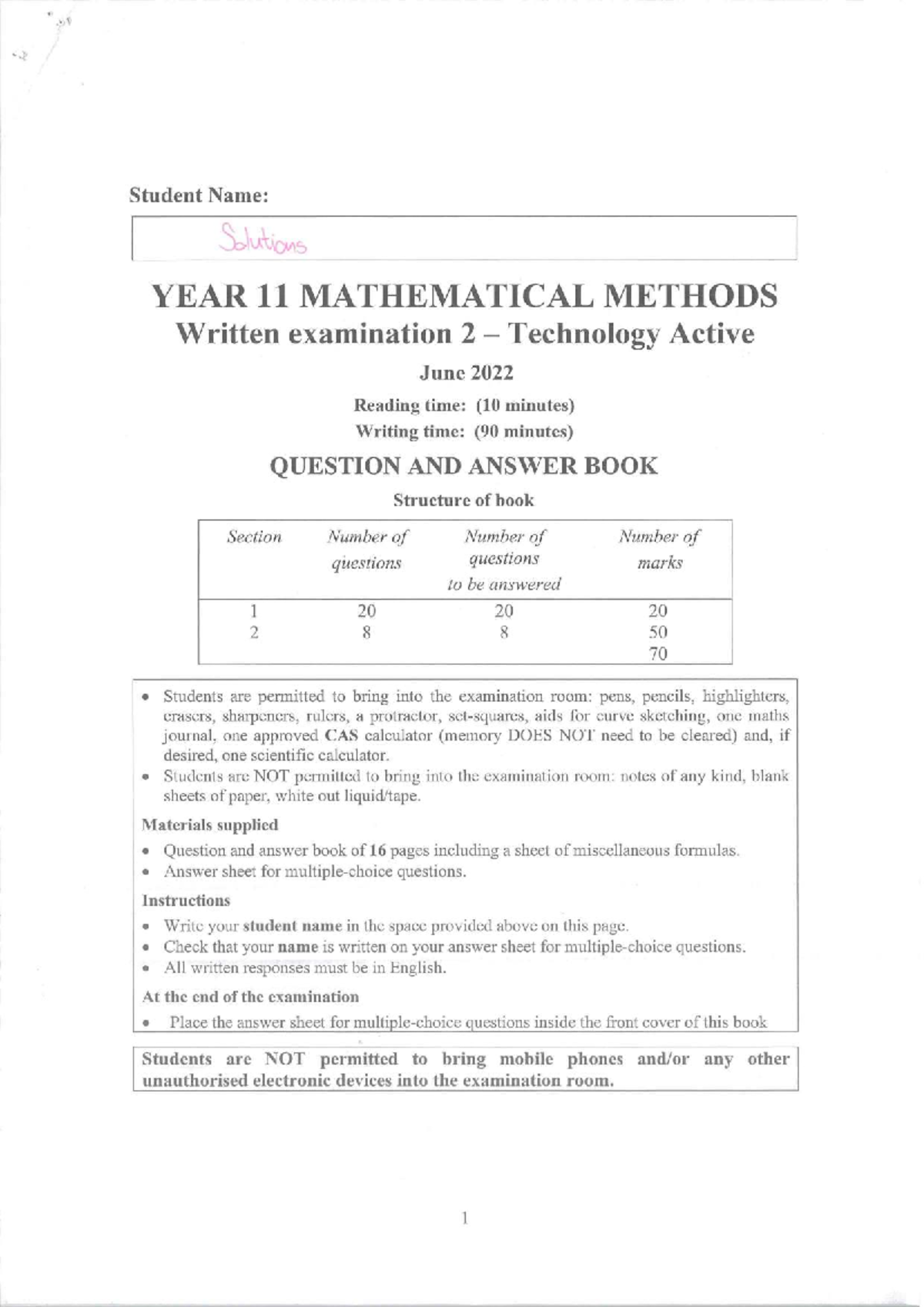 Unit 1 Methods Test Solutions - Student Name: Solutions YEAR 11 ...