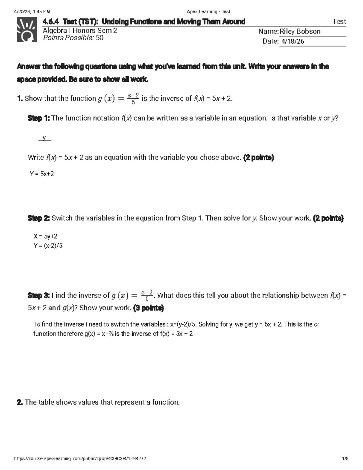 Apex Learning Algebra I Honors Sem 2 Test: Functions & Inverses - Studocu