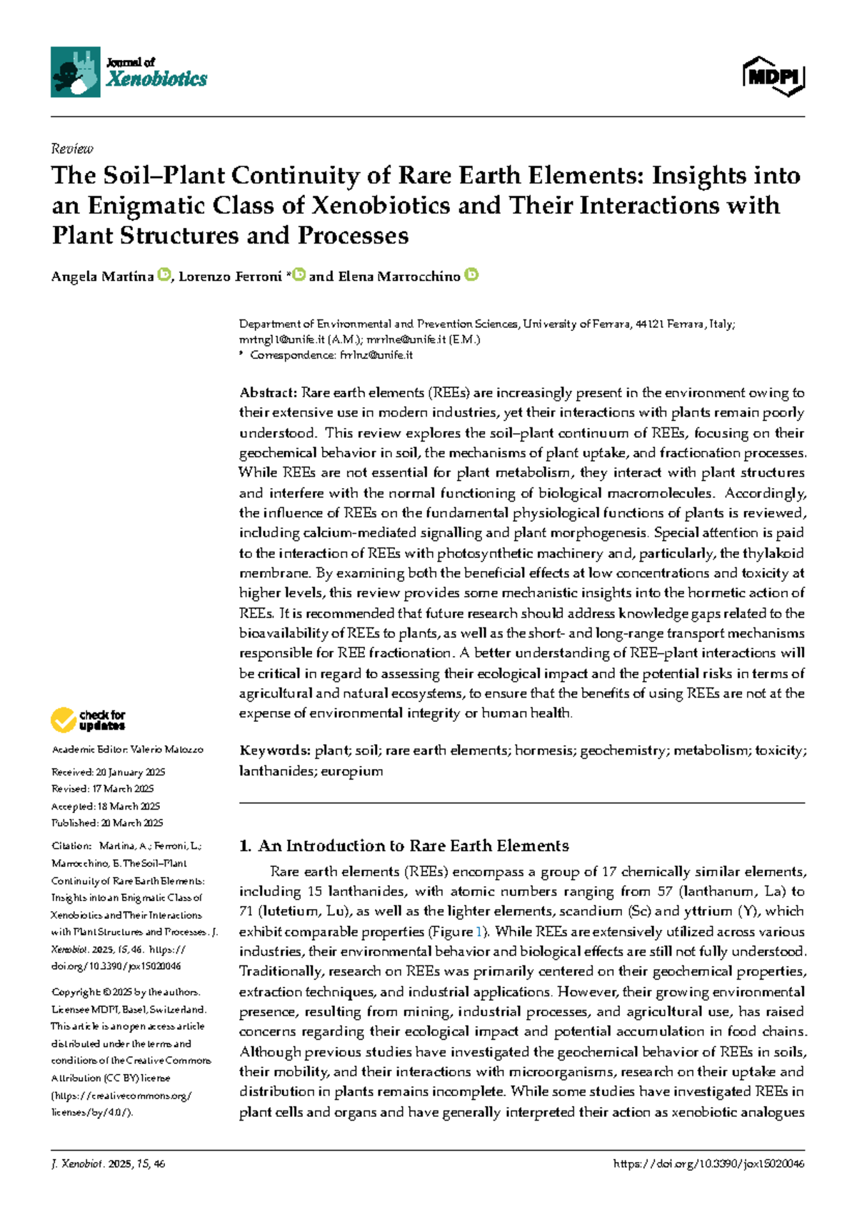 J. Xenobiot. 2025, 15, 46 - Review of Rare Earth Elements: Plant ...