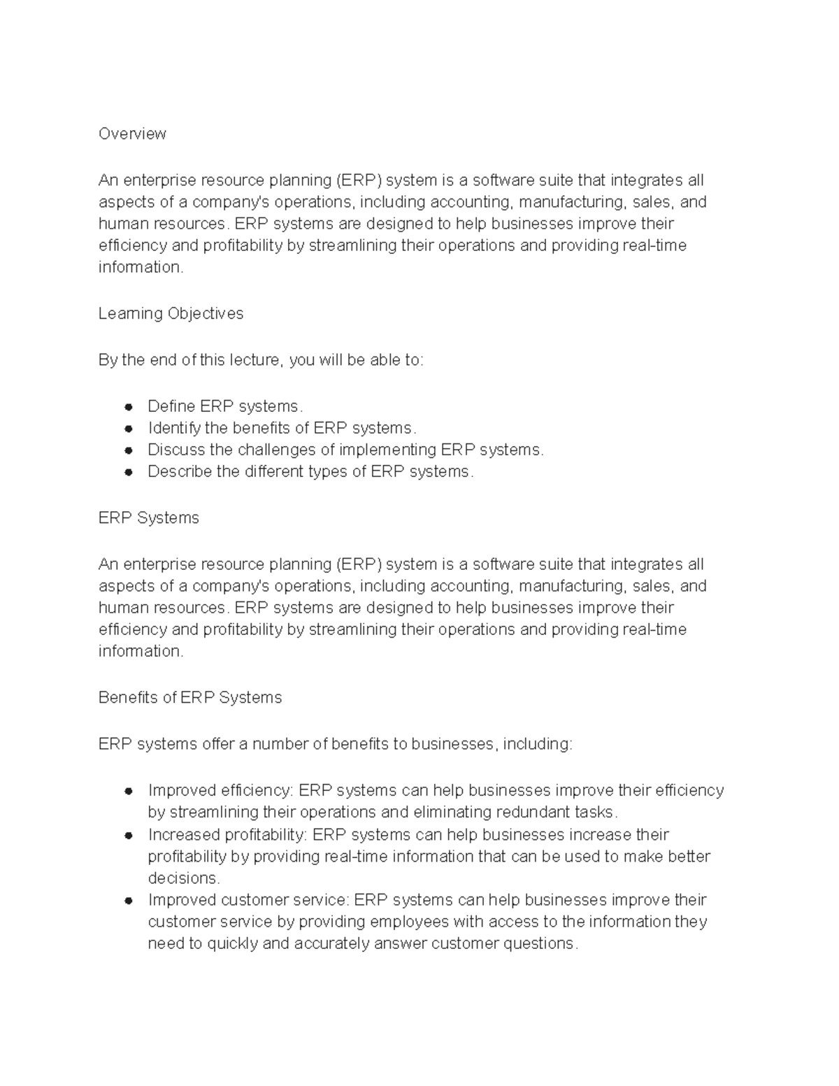 Lecture 18 Enterprise Resource Planning (ERP) Systems - Overview An ...