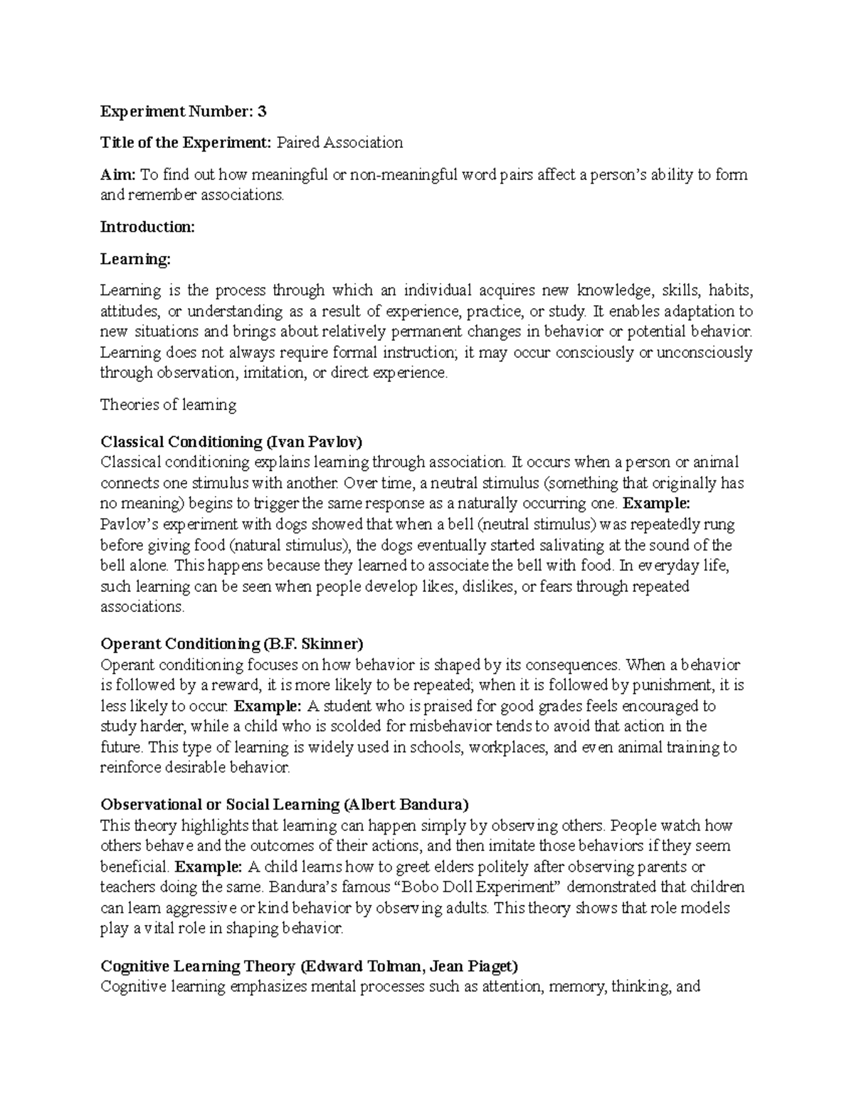 Experiment 3: Paired Association and Its Impact on Memory Recall - Studocu
