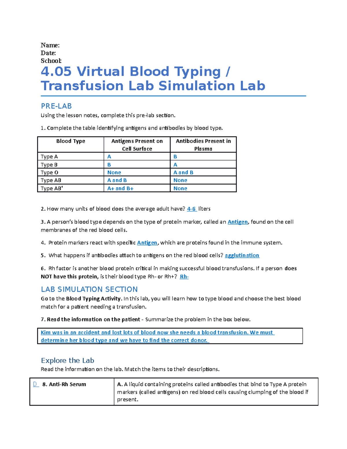 Blood Typing Pre Lab Work Sheet chapter - Name: Date: School: 4 Virtual Blood Typing ...