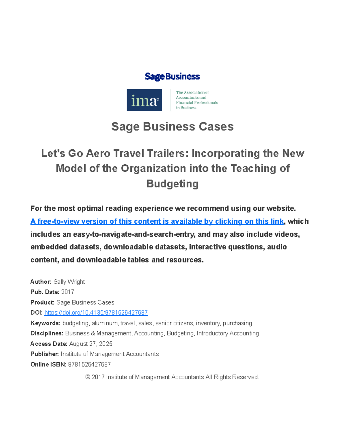 Go Aero Travel Trailers: Budgeting Case Study (BUS 101) - Studocu