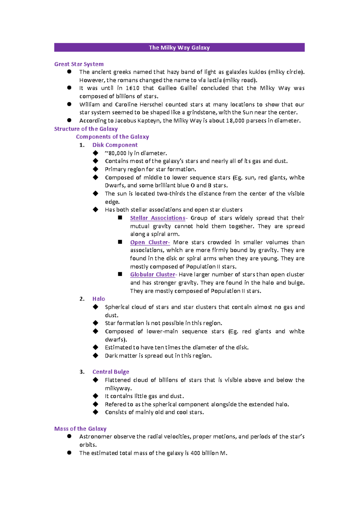 Milky Way Galaxy (ASTR 101) - Comprehensive Summary Notes - Studocu