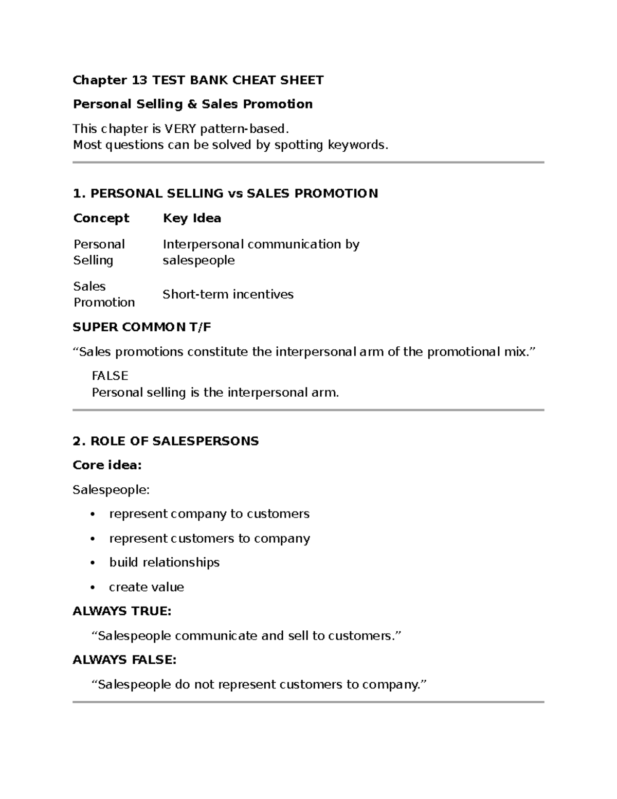 Ch 13 TEST BANK CHEAT SHEET: Personal Selling & Sales Promotion - Studocu