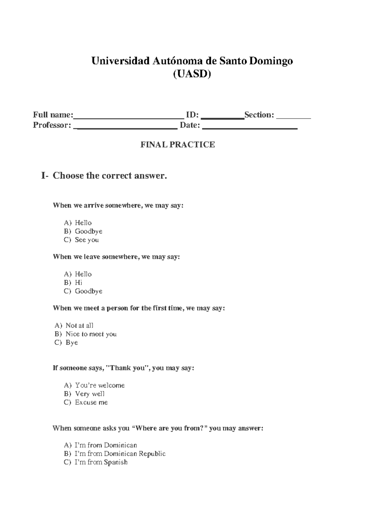 Final Practice - UASD English Language Skills Assessment - Studocu