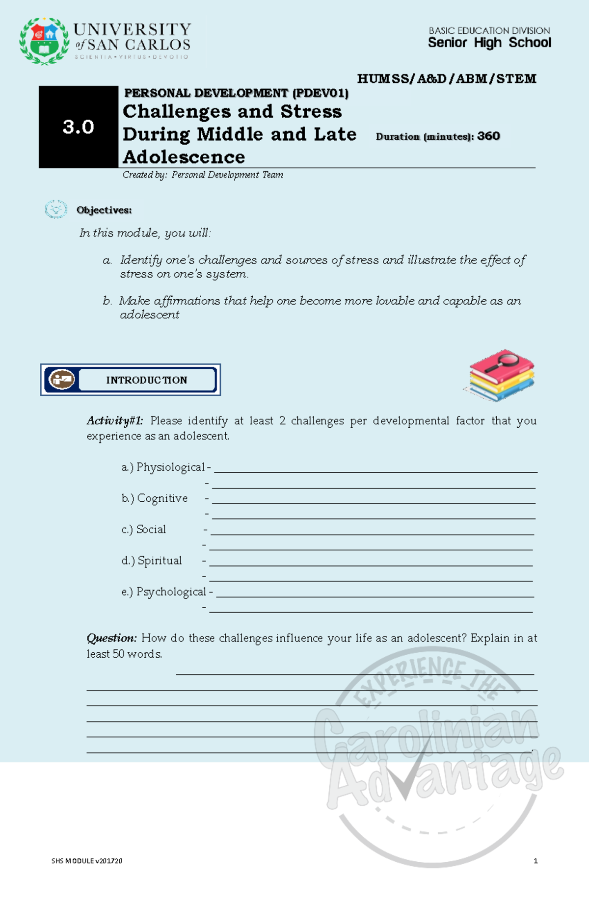 PDEV 01 Module 3 Version 2021 2022 - SHS MODULE v2017 20 1 Duration ...