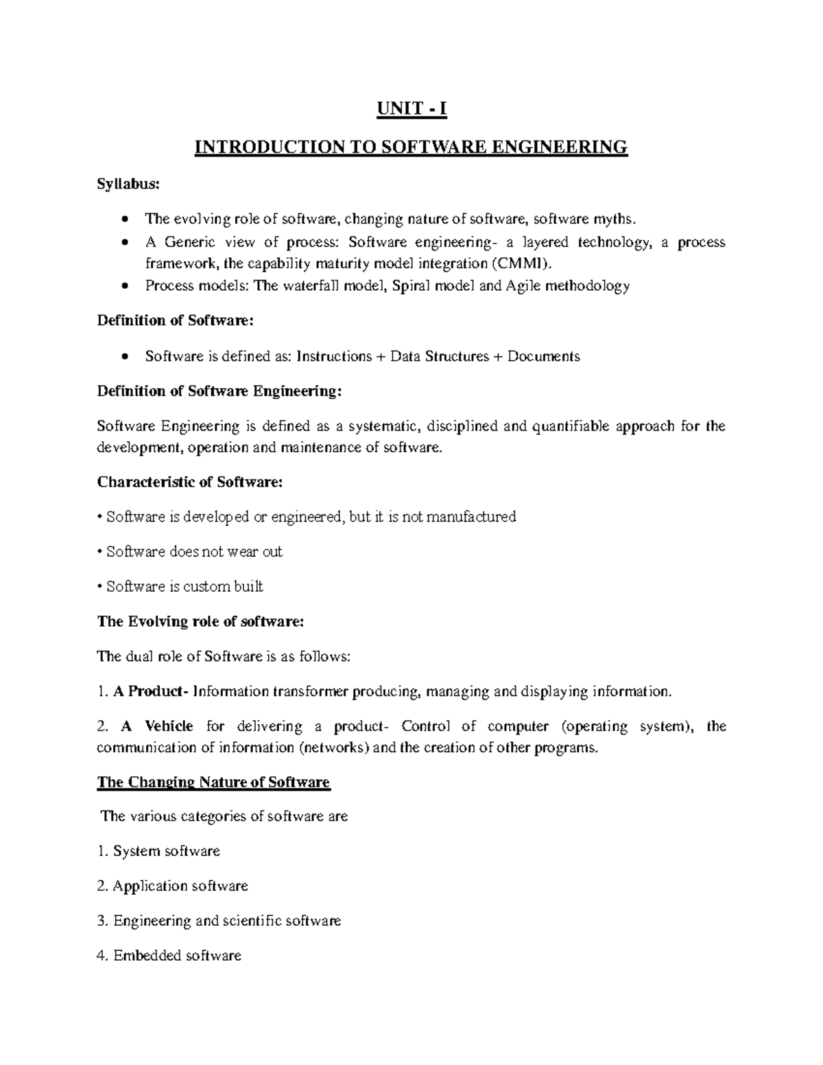 SE 101: Unit I - Introduction to Software Engineering Notes - Studocu