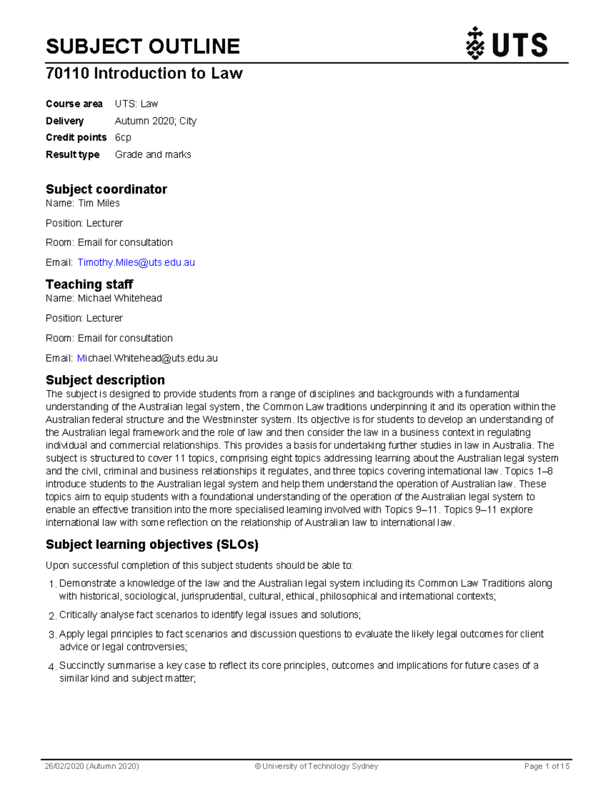 Intro to Law Subject Outline - SUBJECT OUTLINE 70110 Introduction to ...