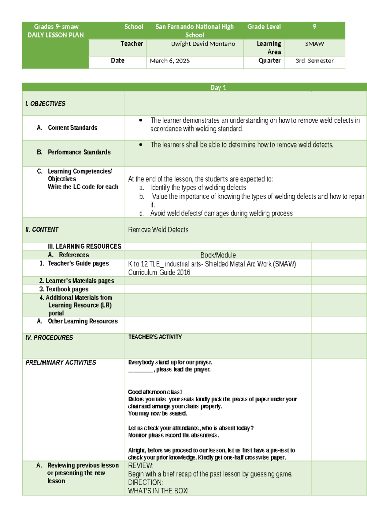 Lesson Plan: SMAW 9 - Removing Weld Defects - Studocu