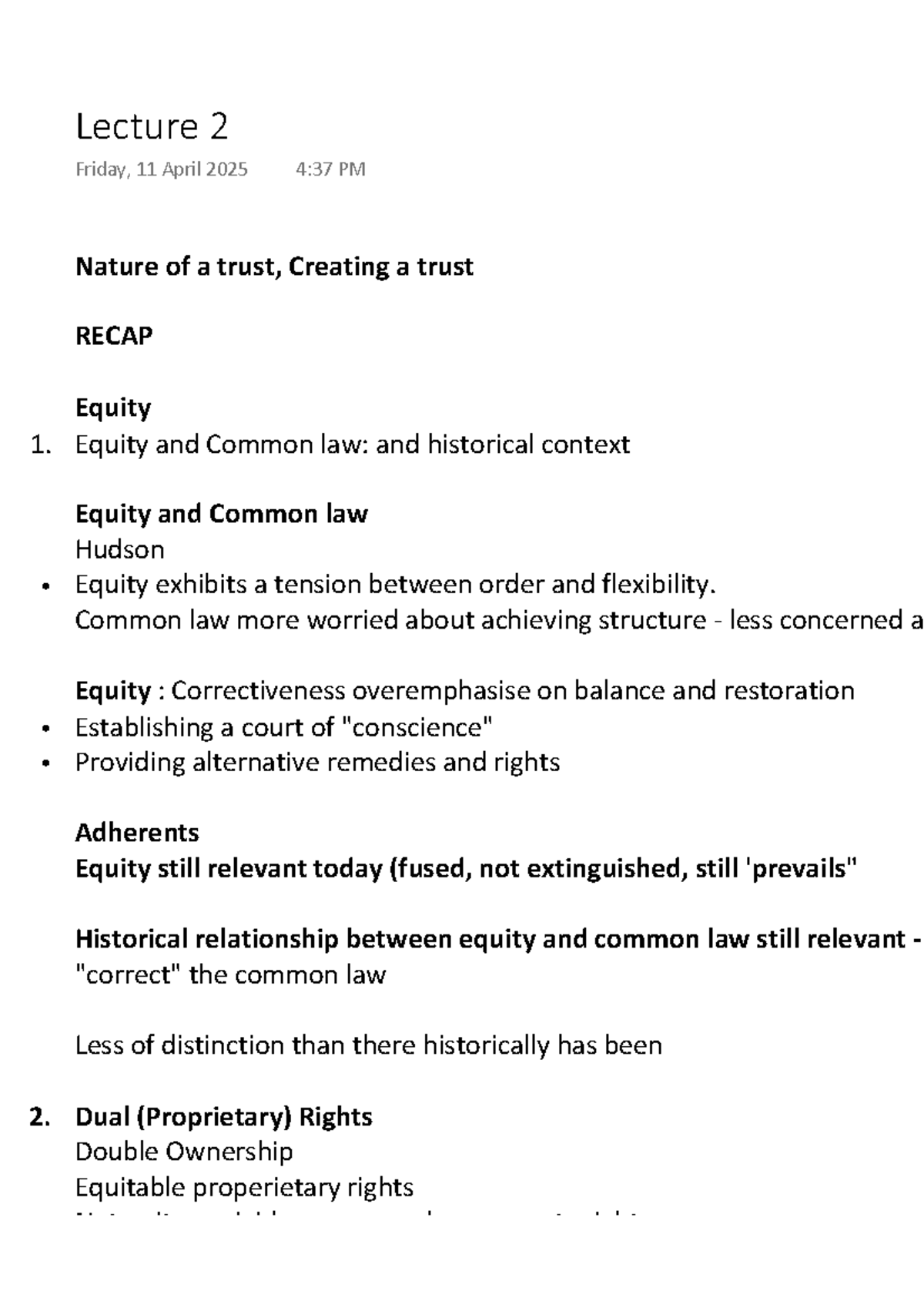 Lecture 2: Nature and Creation of Trusts in Equity (Equity 101) - Studocu