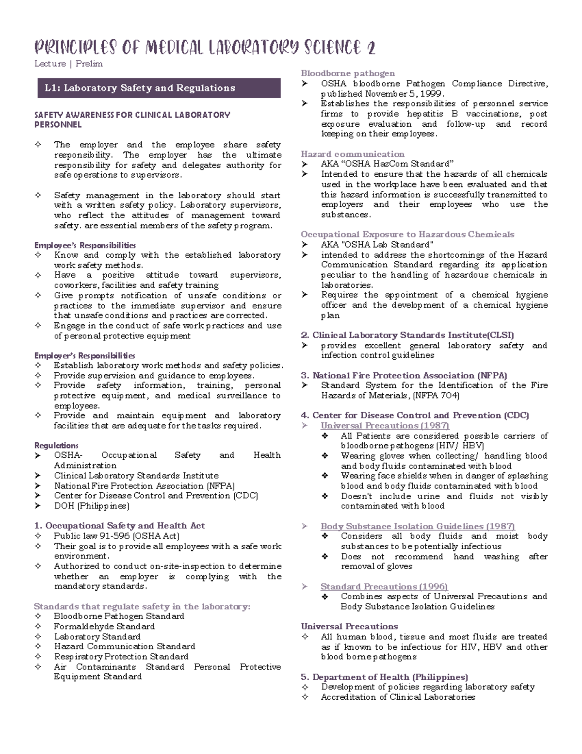 MLSP2 Prelim Lecture: Laboratory Safety & Regulations Overview - Studocu
