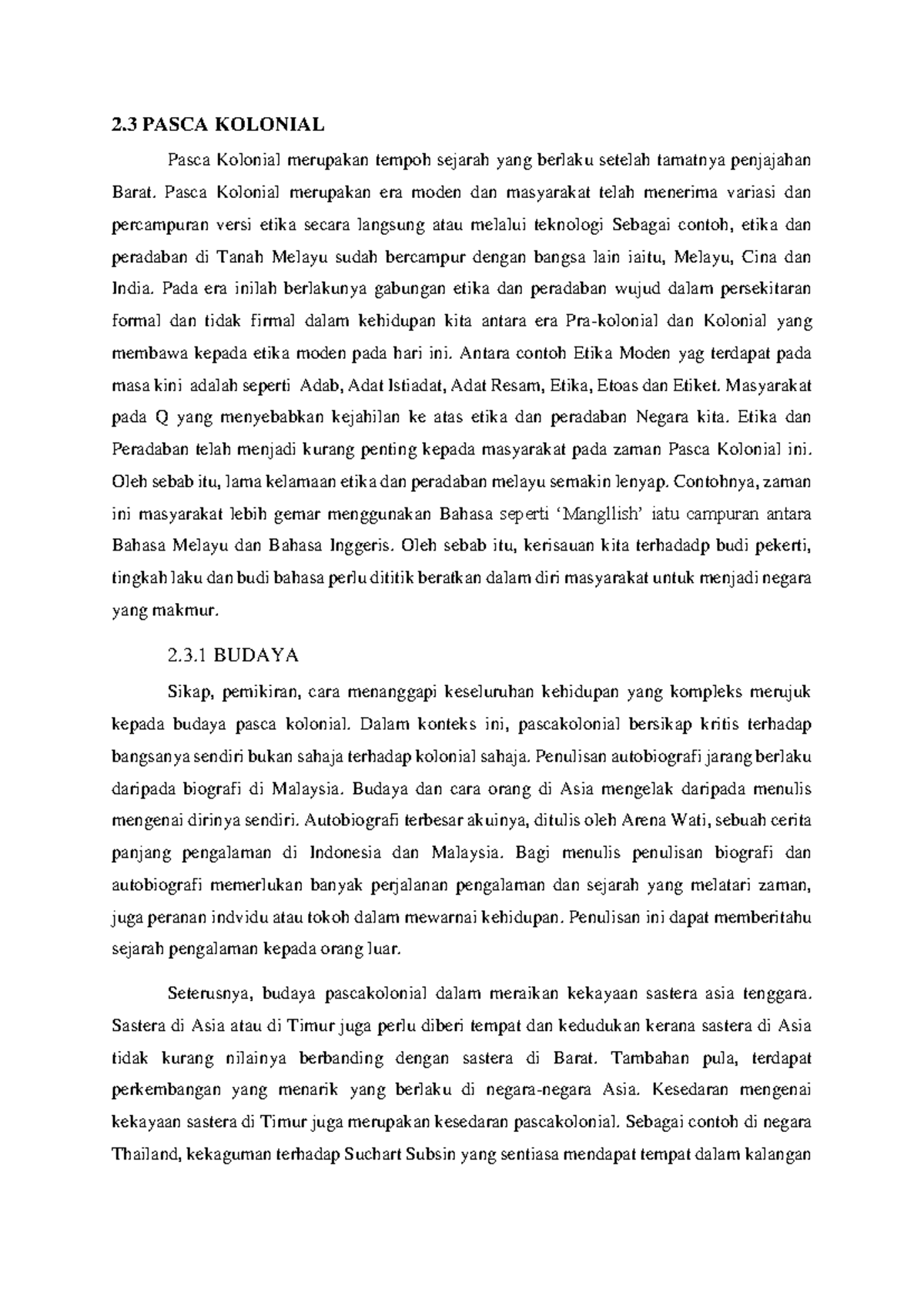 Pasca Kolonial: Sejarah, Budaya, dan Ekonomi di Tanah Melayu - Studocu