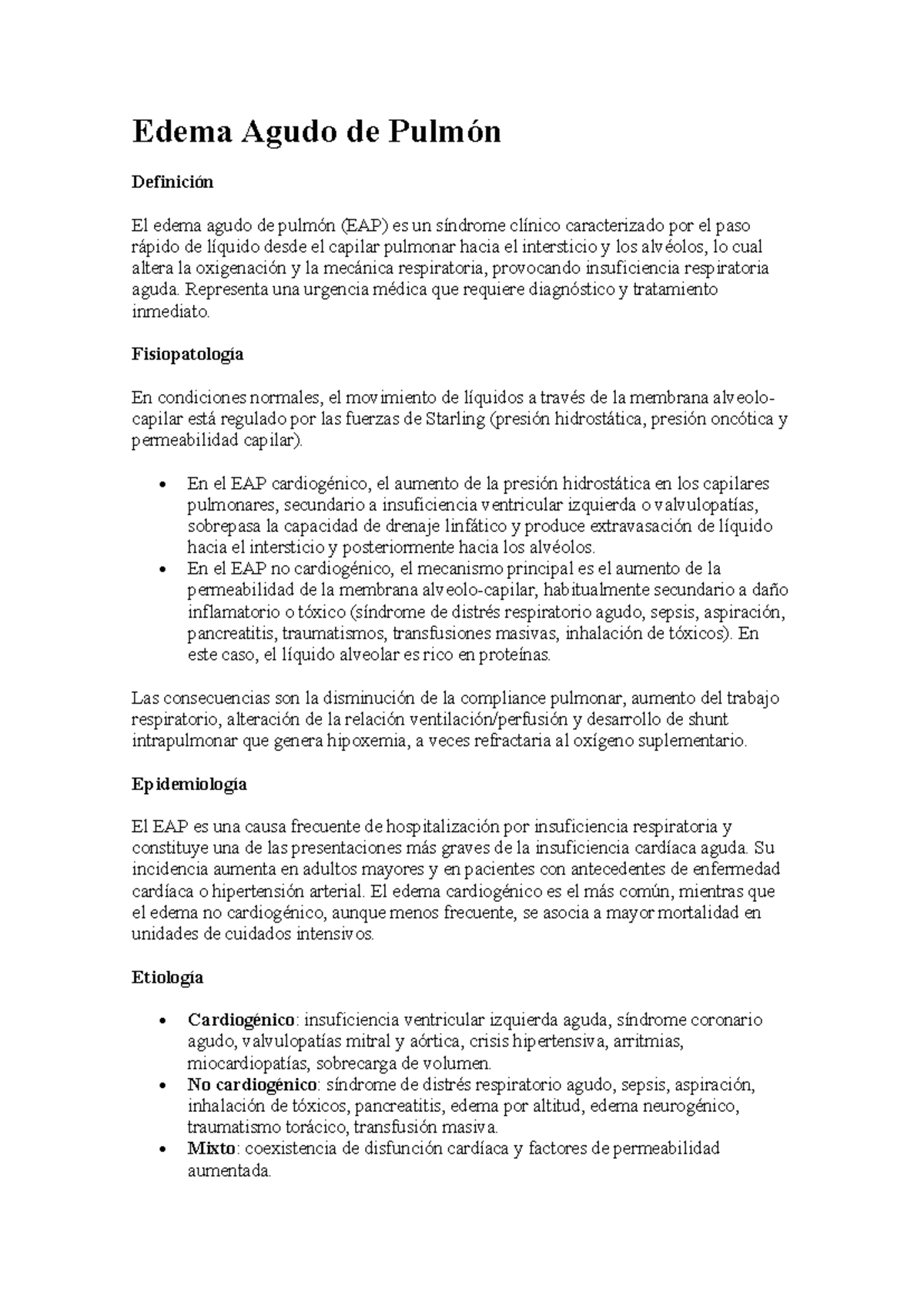 Edema Agudo de Pulmón: Definición, Fisiopatología y Diagnóstico - Studocu