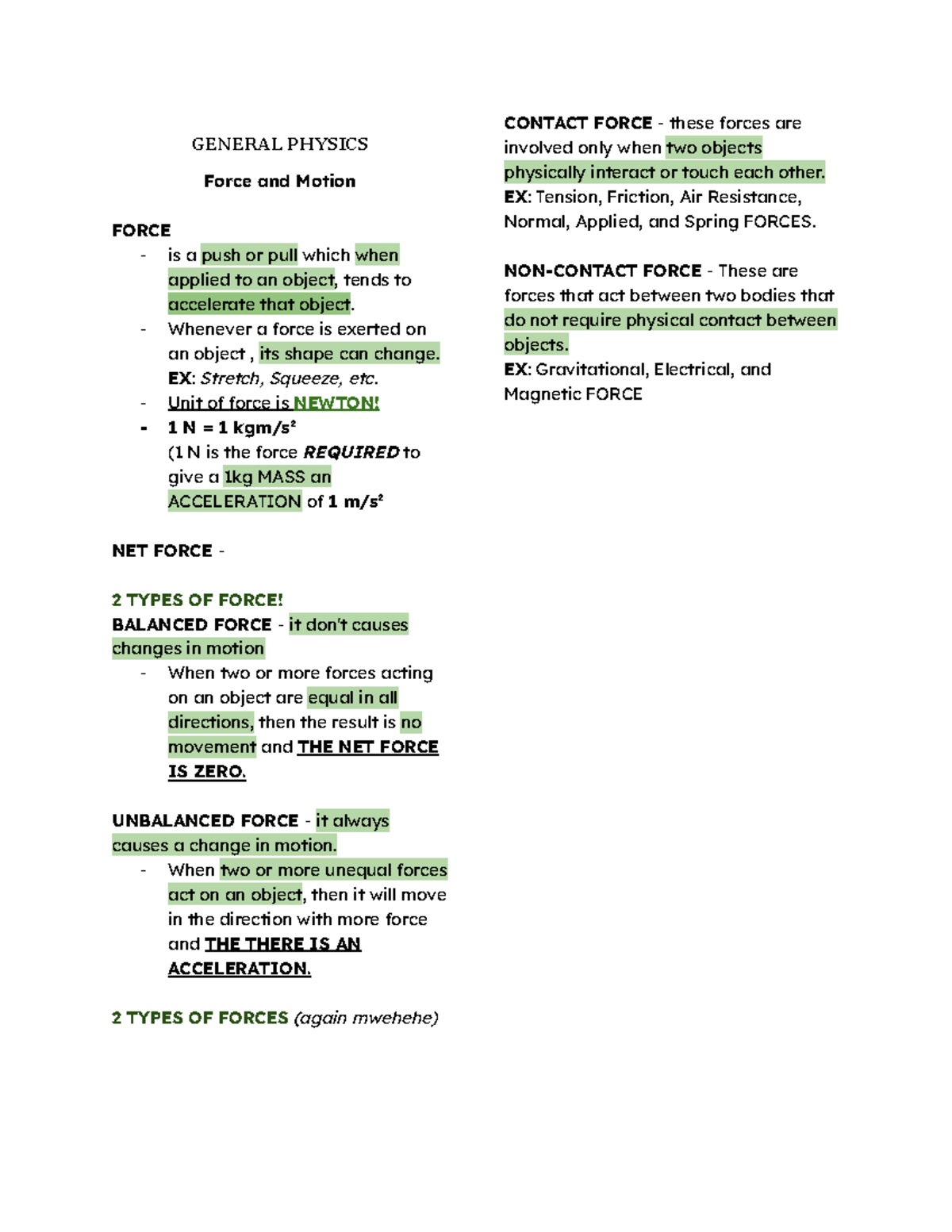 GEN PHY (Lesson 1) - Force and Motion Overview and Key Concepts - Studocu