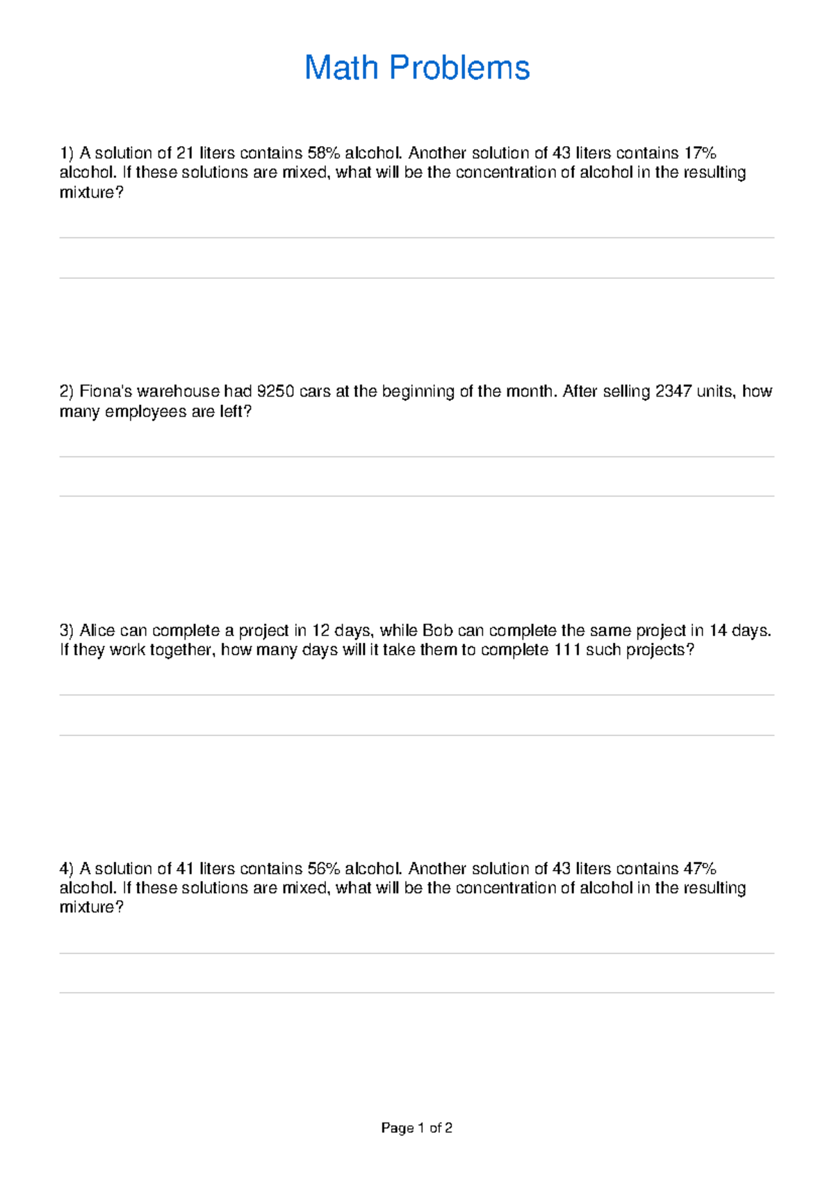 MATH WORD Problems (17) - Concentration & Project Completion - Studocu