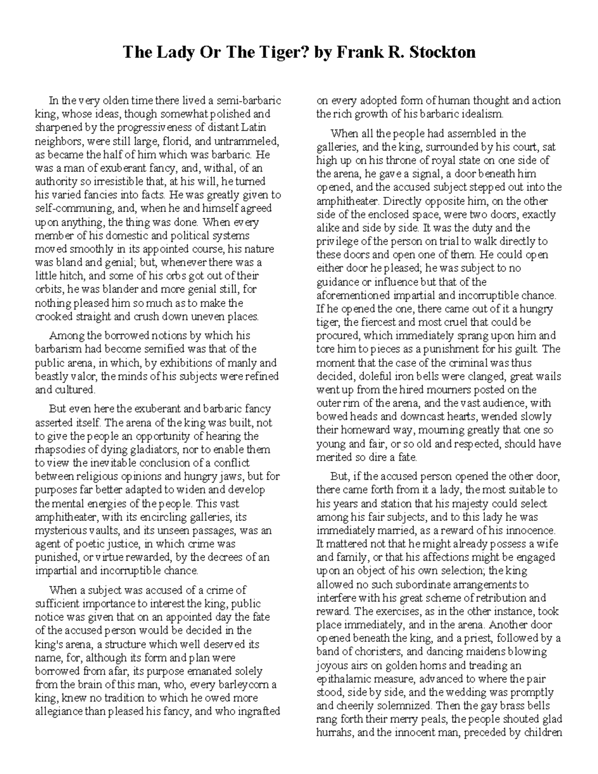 The Lady or The Tiger? Analysis and Themes - ENG 101 Final Exam - Studocu
