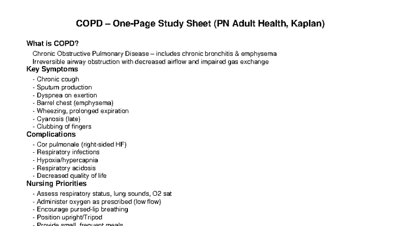 COPD Study Sheet (PN Adult Health, Kaplan) - Key Insights & Nursing ...