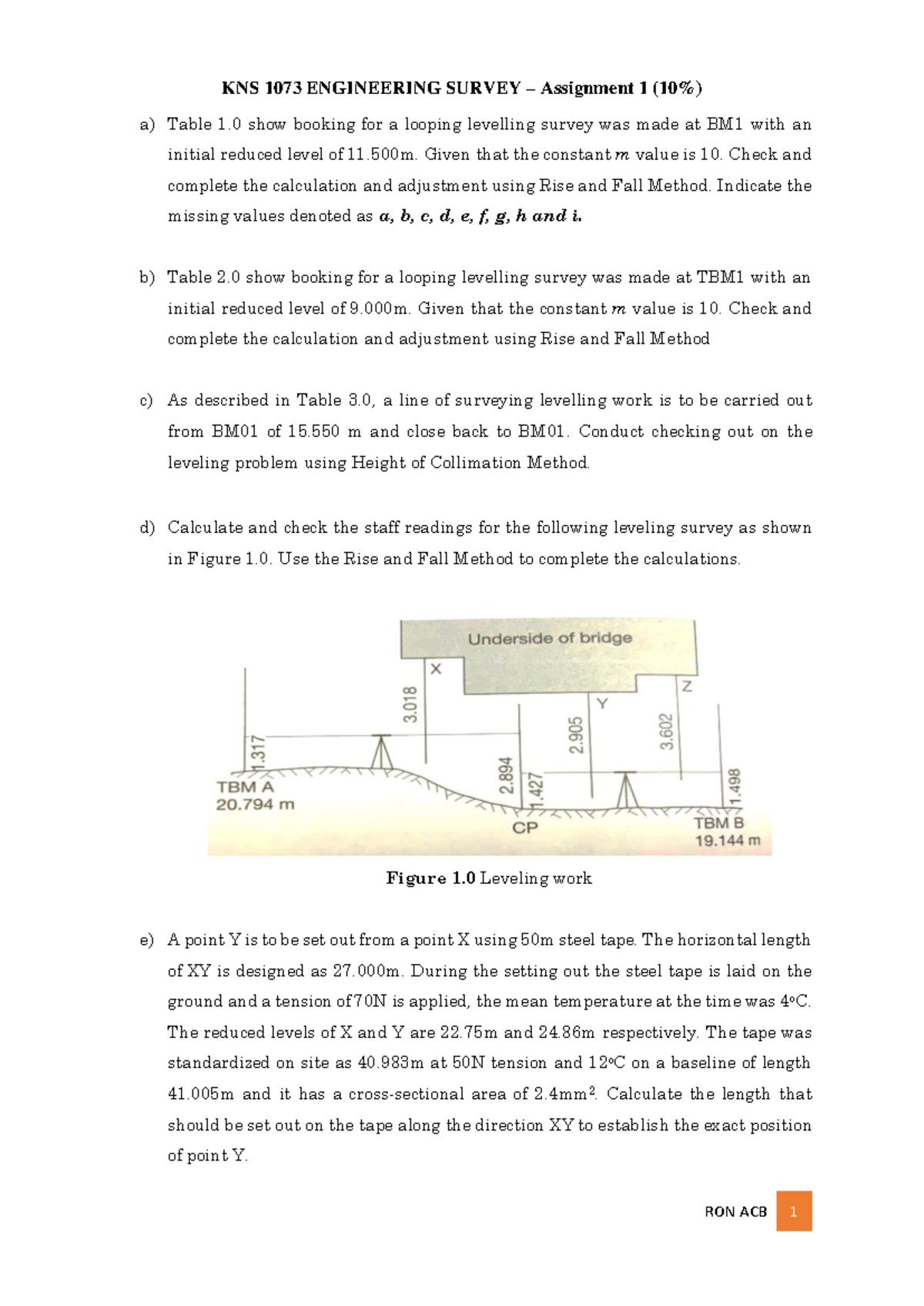 KNS 1073 Engineering Survey Assignment 1: Rise and Fall Method ...