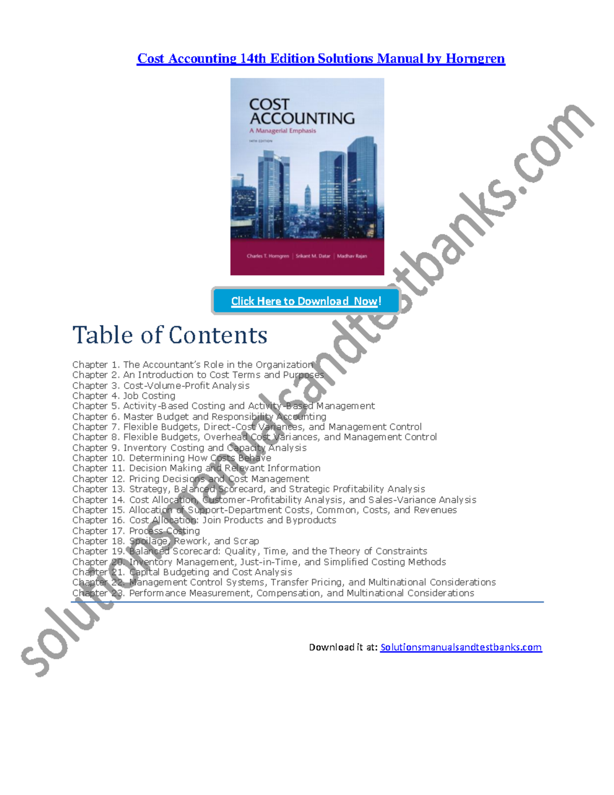 Cost Accounting 14th Ed. Solutions Manual by Horngren: Key Insights ...