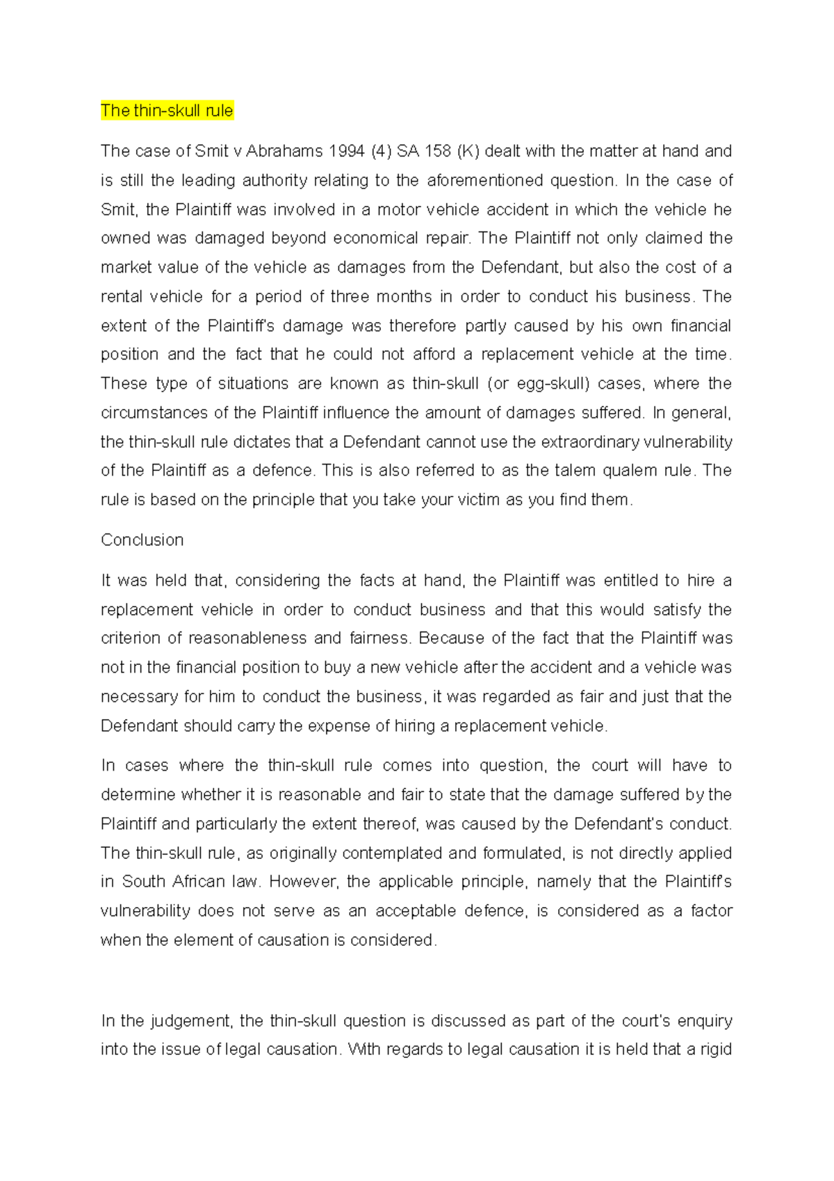 Smit v Abrahams Case Study on the Thin-Skull Rule and Talem Qualem ...
